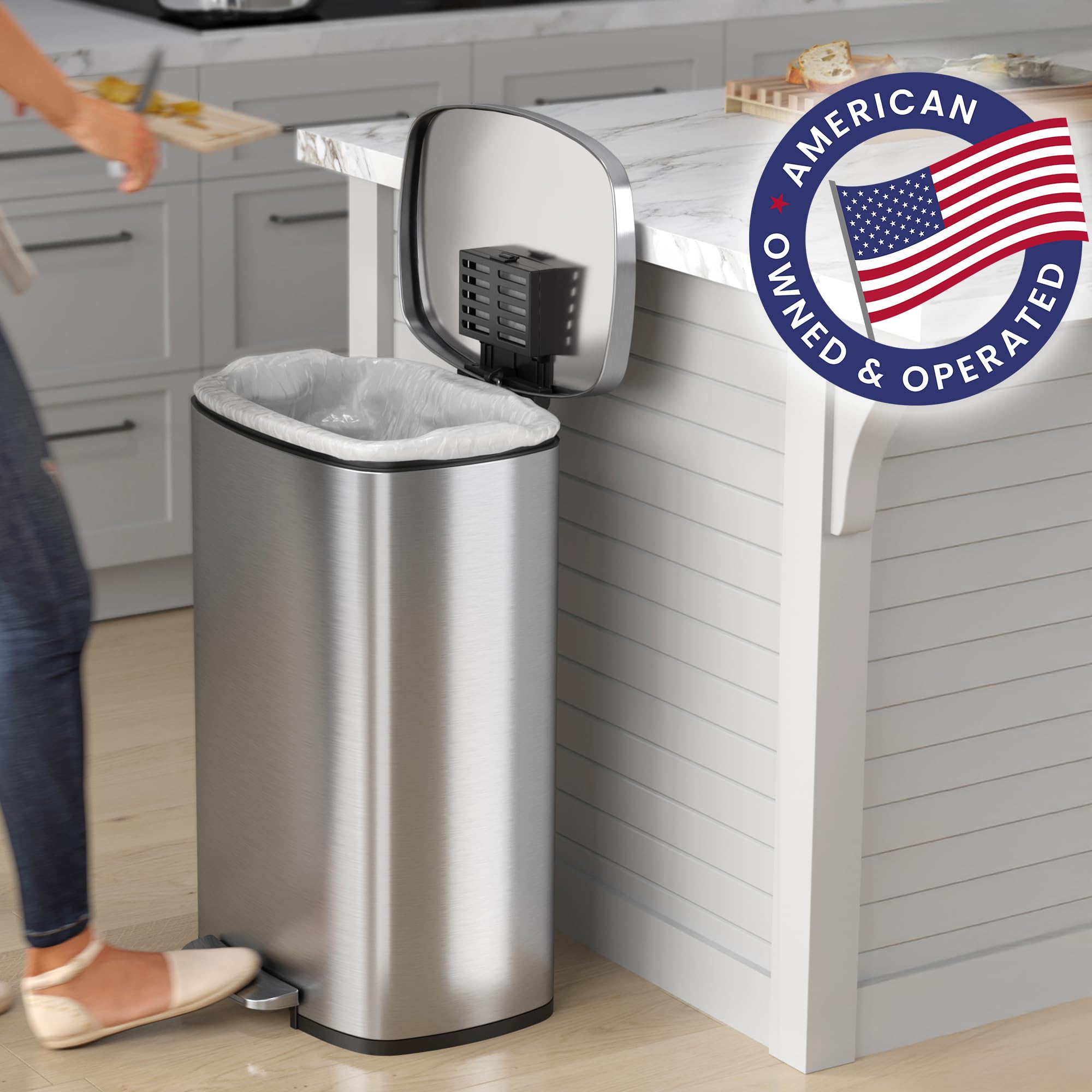 iTouchless SoftStep 13.2 Gallon Step Trash Can with Odor Filter System, Stainless Steel 50 Liter Pedal Garbage Bin for Kitchen, Home, Office, Silent and Gentle Lid Close