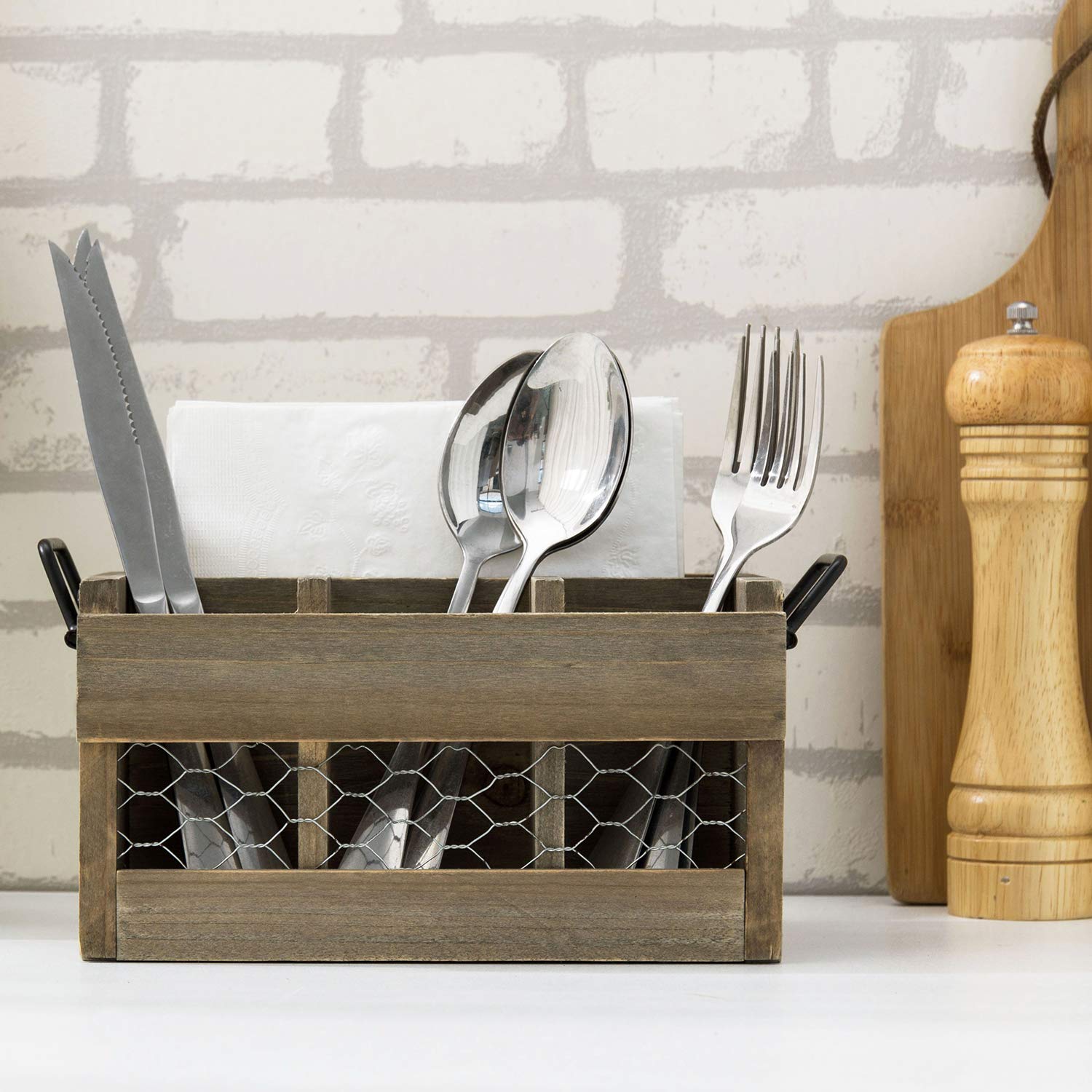 MyGift Vintage Brown Wooden Utensil Holder and Napkin Holder Rack, Chicken Wire Front Panel Dining Flatware, Cutlery Storage Organizer Bin
