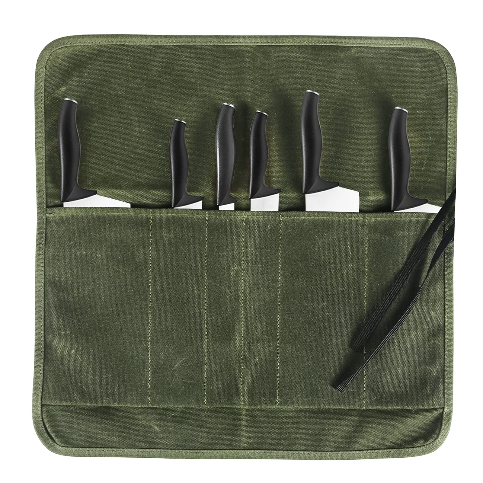 HRX Package Waxed Canvas Knife Roll, Portable Chef Knife Bag Carrying Case Small Butcher Knife Cutlery Carrier for Travel Camping