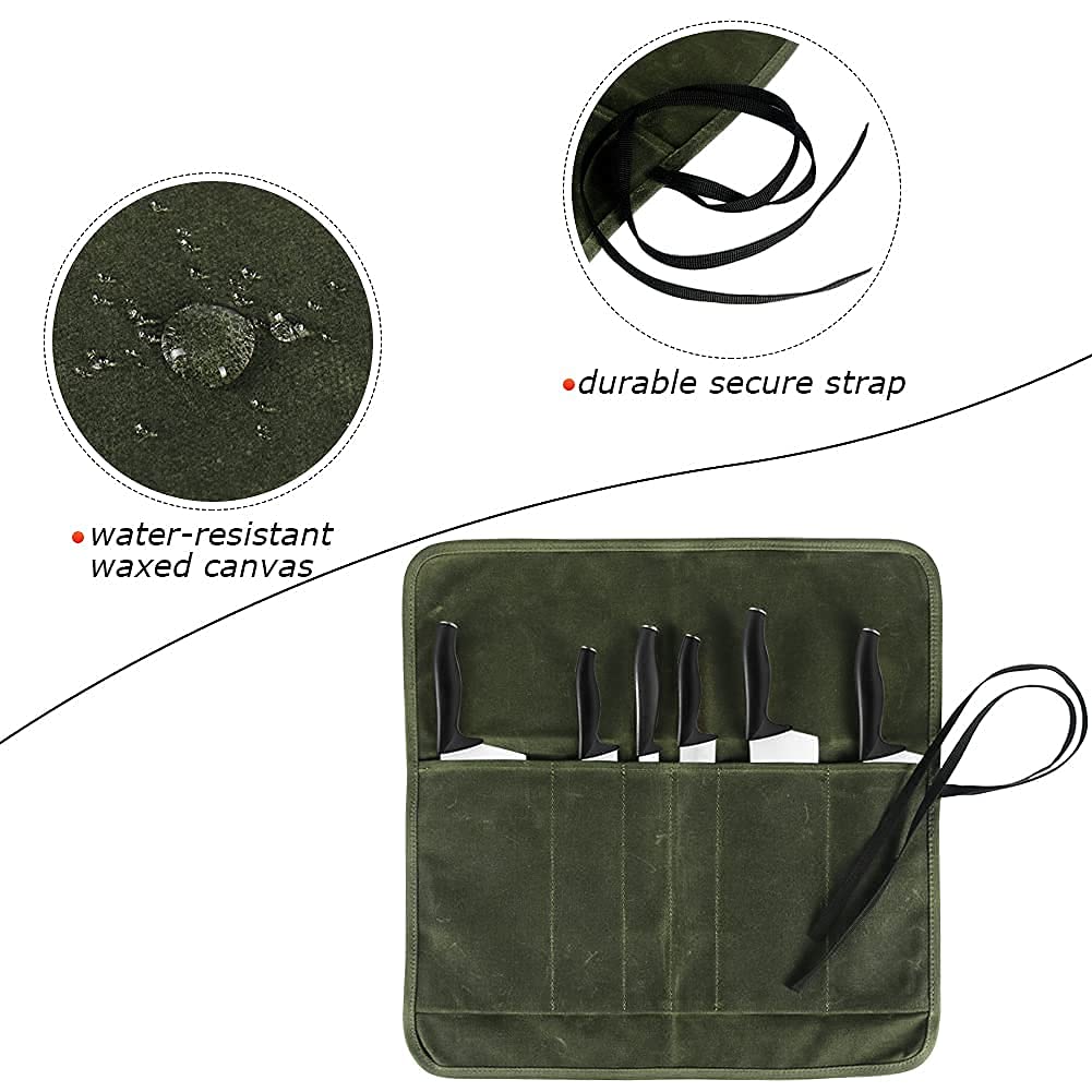 HRX Package Waxed Canvas Knife Roll, Portable Chef Knife Bag Carrying Case Small Butcher Knife Cutlery Carrier for Travel Camping