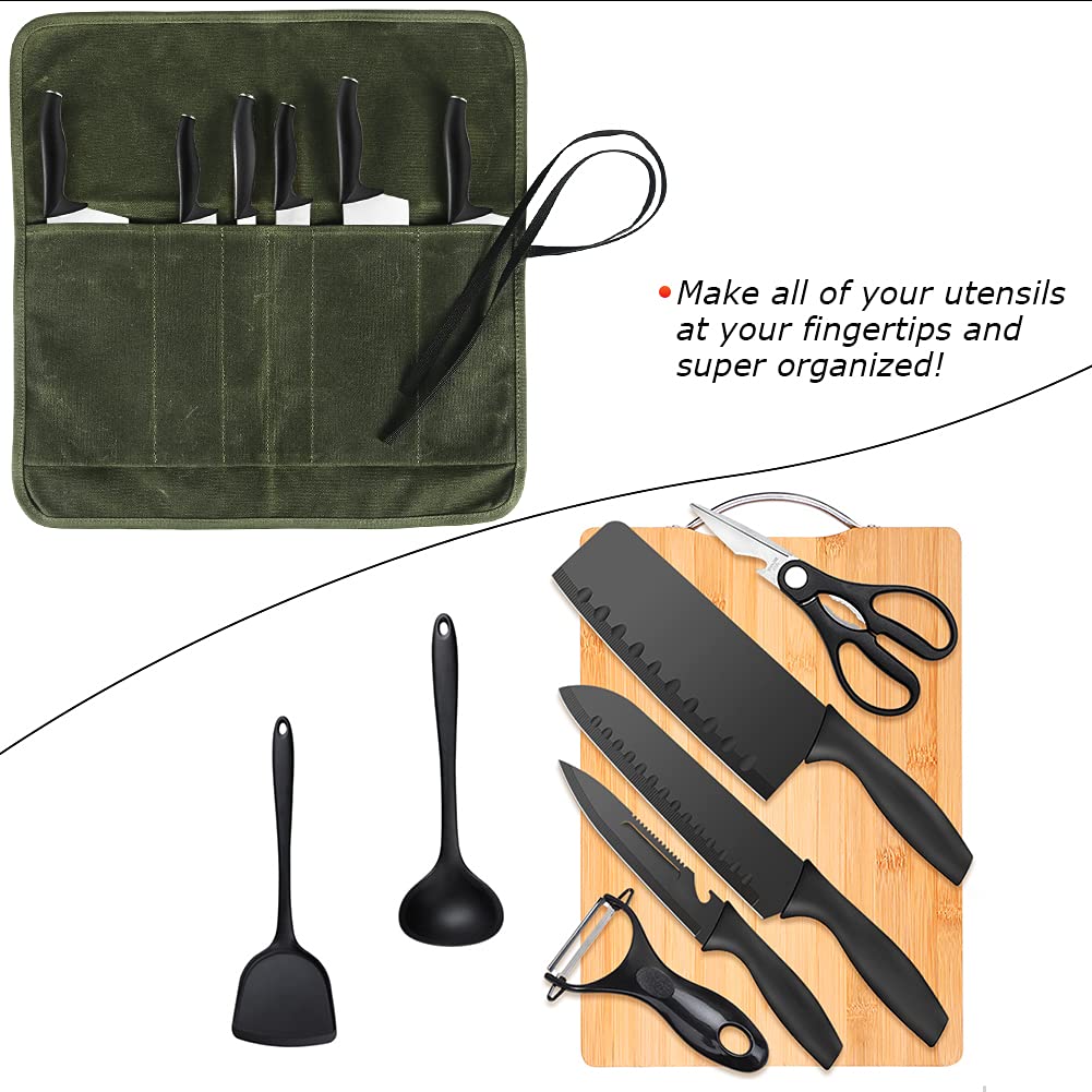 HRX Package Waxed Canvas Knife Roll, Portable Chef Knife Bag Carrying Case Small Butcher Knife Cutlery Carrier for Travel Camping