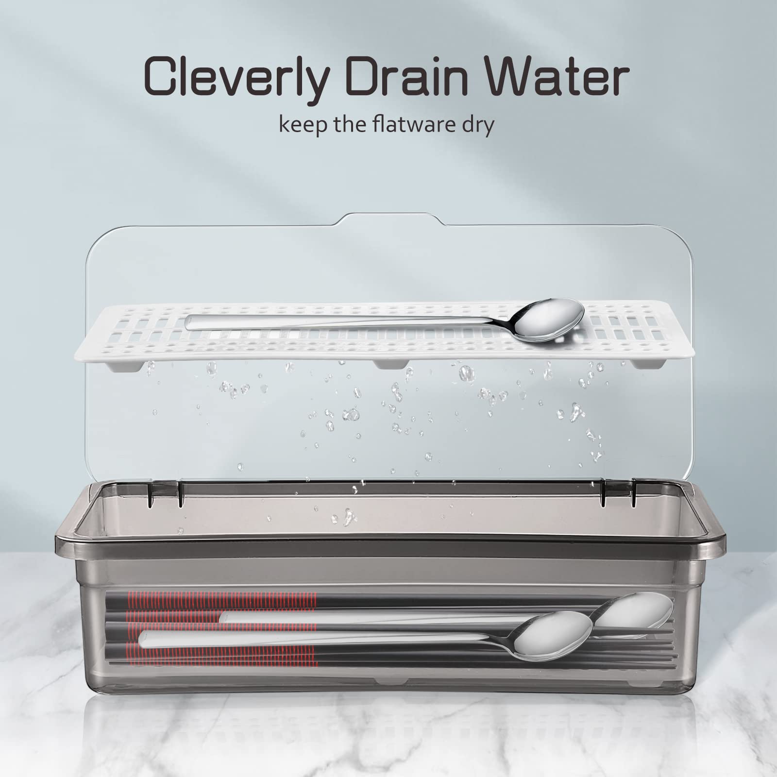 Cabilock Flatware Tray with Lid- Proof Chopsticks Storage Boxes Draining Tableware Organizer Kitchen Cutlery Container Countertop Utensil Holder