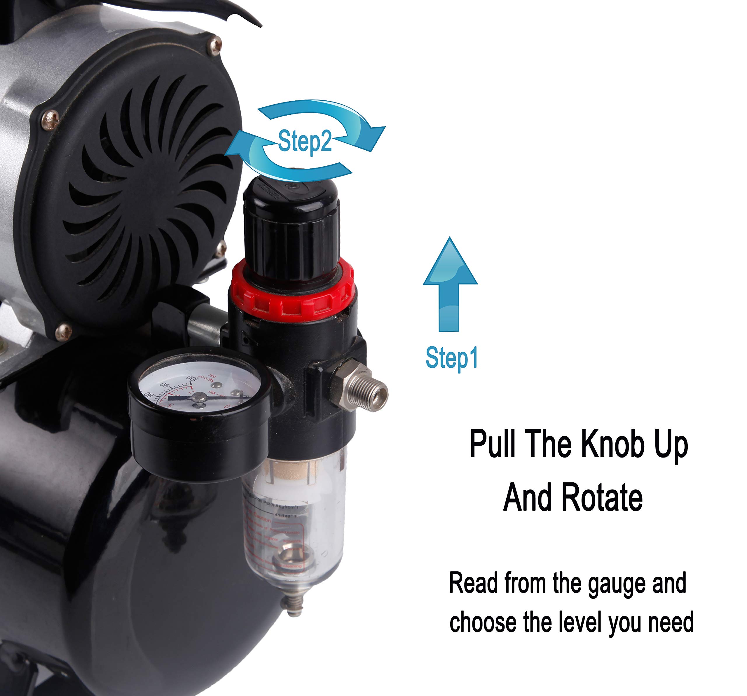 Timbertech Upgraded Airbrush Single-Piston Oil-free Mini Compressor ABPST08 with Cooling Fan, 3L Tank, Regulator, Moisture trap for hobby, tattoo, graphic and so on
