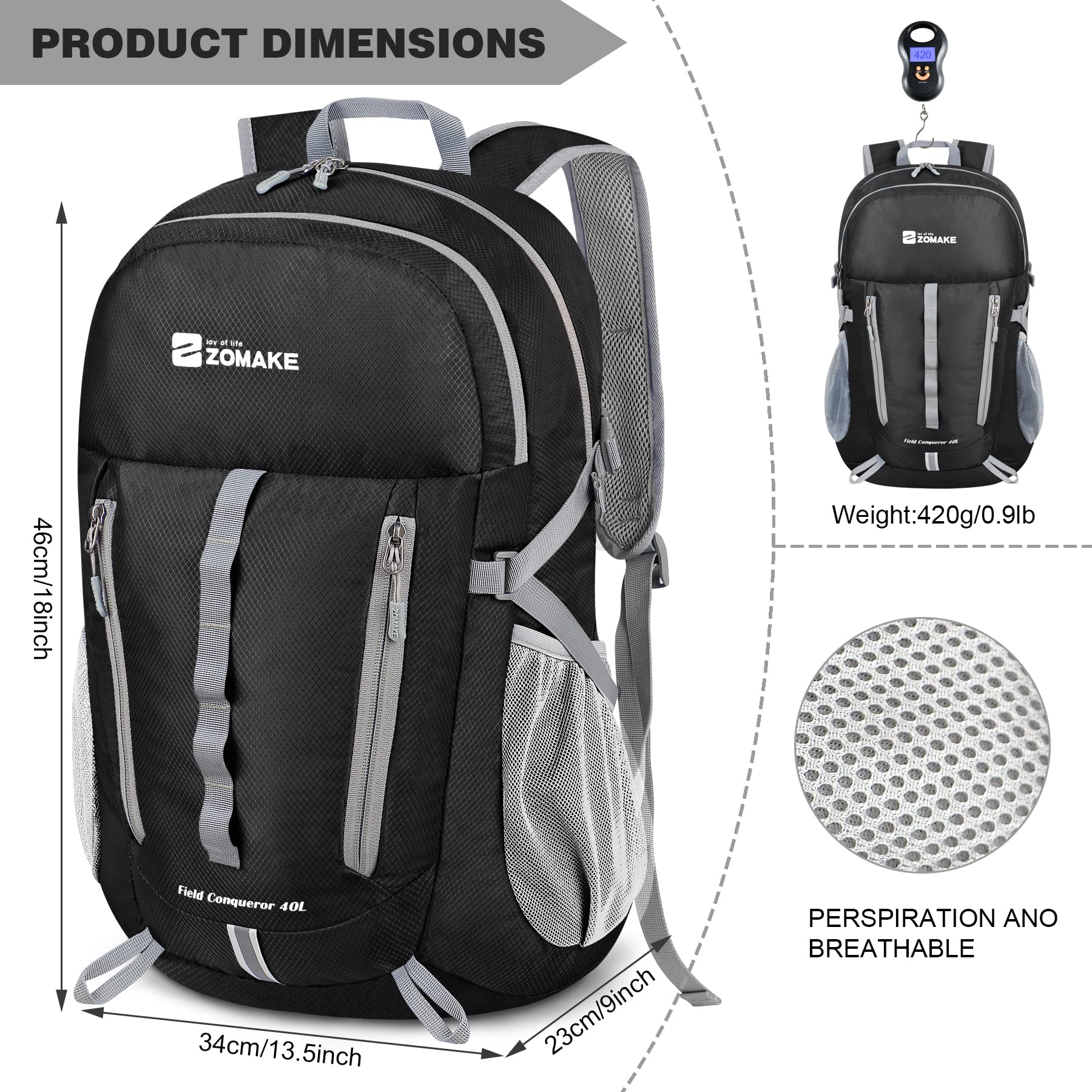 ZOMAKE Packable Hiking Backpack:40L Lightweight Backpacks - Foldable Light Weight Back Pack Water Resistant Small Packable Day Pack for Travel Camping Outdoor (Black)
