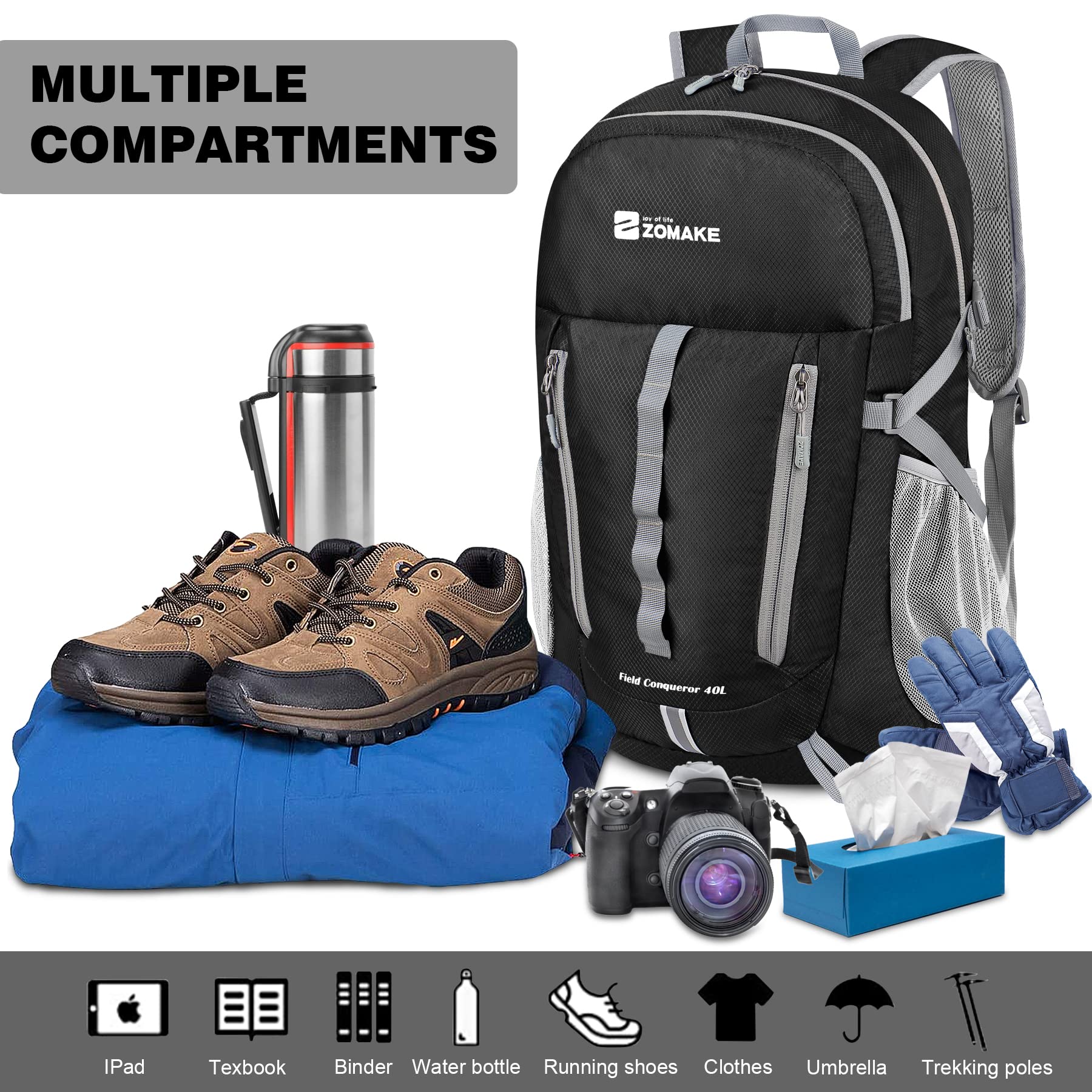ZOMAKE Packable Hiking Backpack:40L Lightweight Backpacks - Foldable Light Weight Back Pack Water Resistant Small Packable Day Pack for Travel Camping Outdoor (Black)