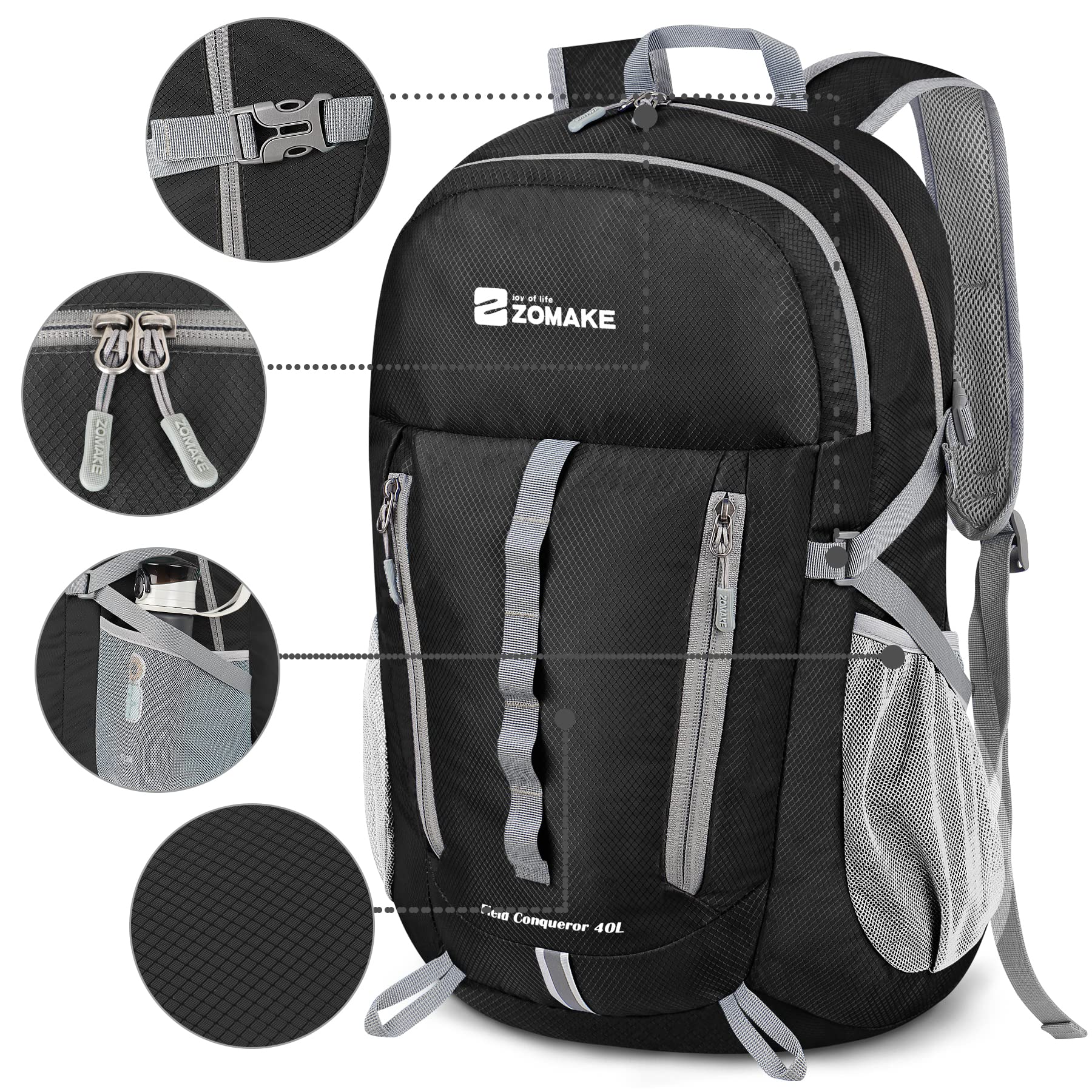 ZOMAKE Packable Hiking Backpack:40L Lightweight Backpacks - Foldable Light Weight Back Pack Water Resistant Small Packable Day Pack for Travel Camping Outdoor (Black)