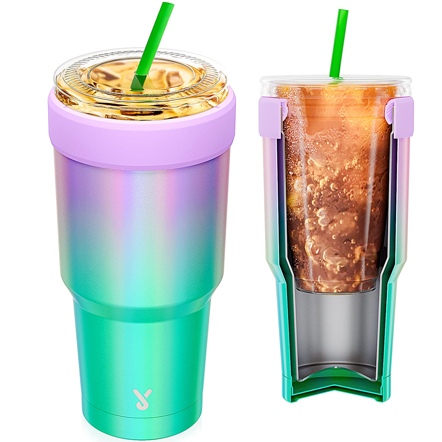 Meoky Double Wall Stainless Steel Iced Coffee Sleeve Reusable, One Size Fits All Coffee Sleeve for Starbucks, Dunkin Donuts, McDonalds (16-24oz, Glitter Lavender)