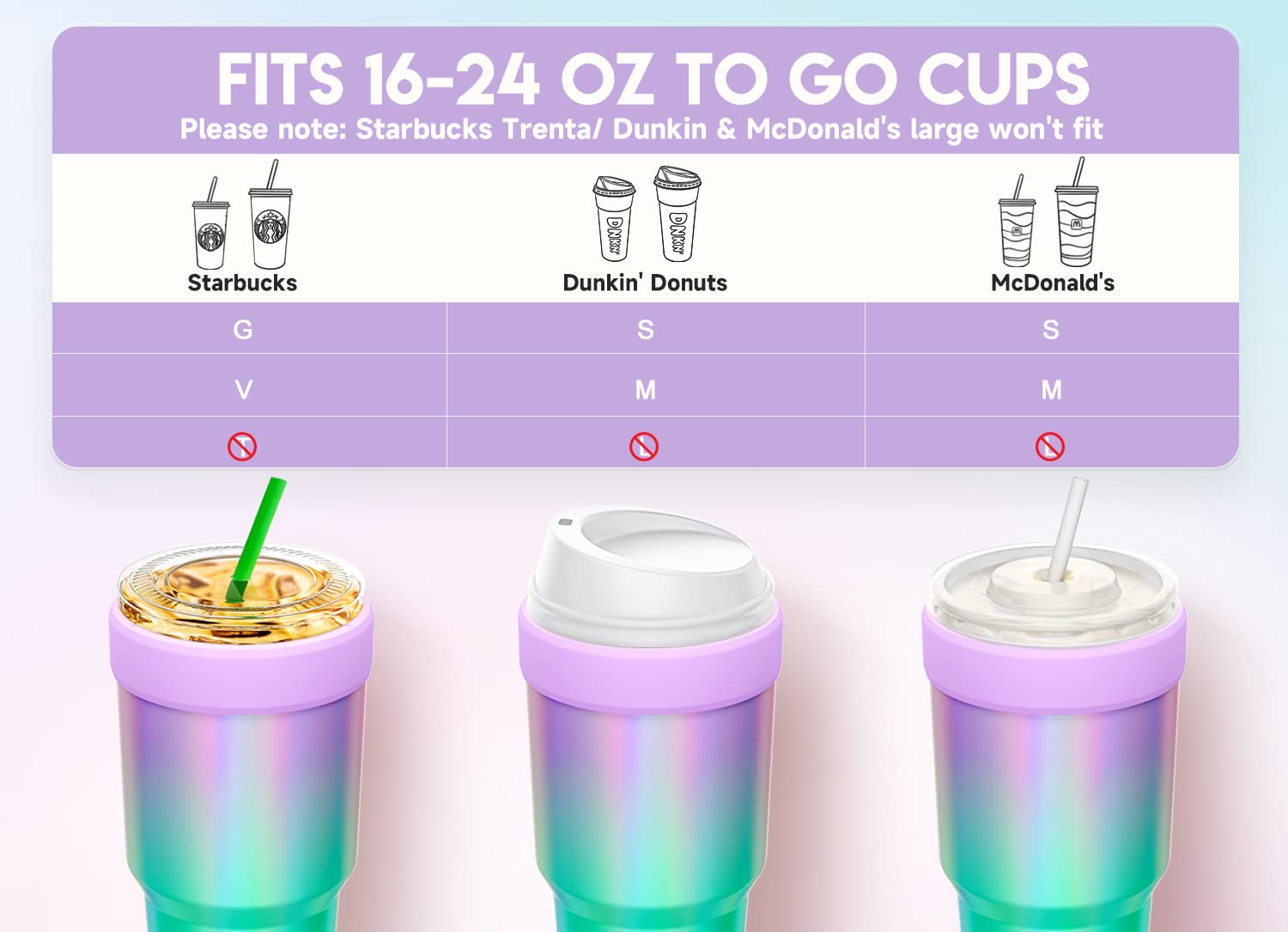 Meoky Double Wall Stainless Steel Iced Coffee Sleeve Reusable, One Size Fits All Coffee Sleeve for Starbucks, Dunkin Donuts, McDonalds (16-24oz, Glitter Lavender)