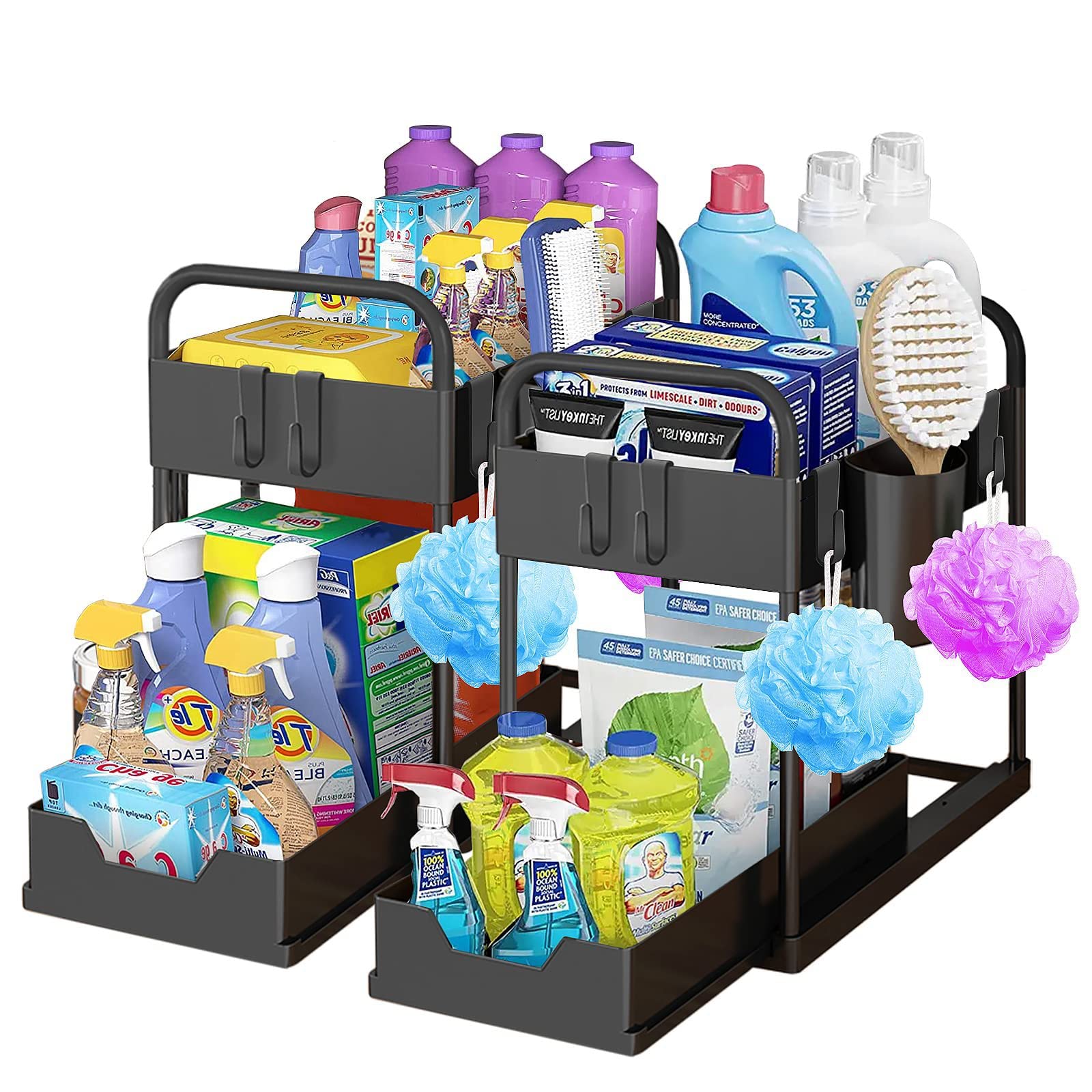 2 Tier Under Sink Organizers and Storage, 2 Pack Sliding Under Bathroom Cabinet Storage Drawer Organizer with Storage Drawer with 8 Hooks and 2 Hanging Cups, Multi-purpose Under Sink Organizer, Black