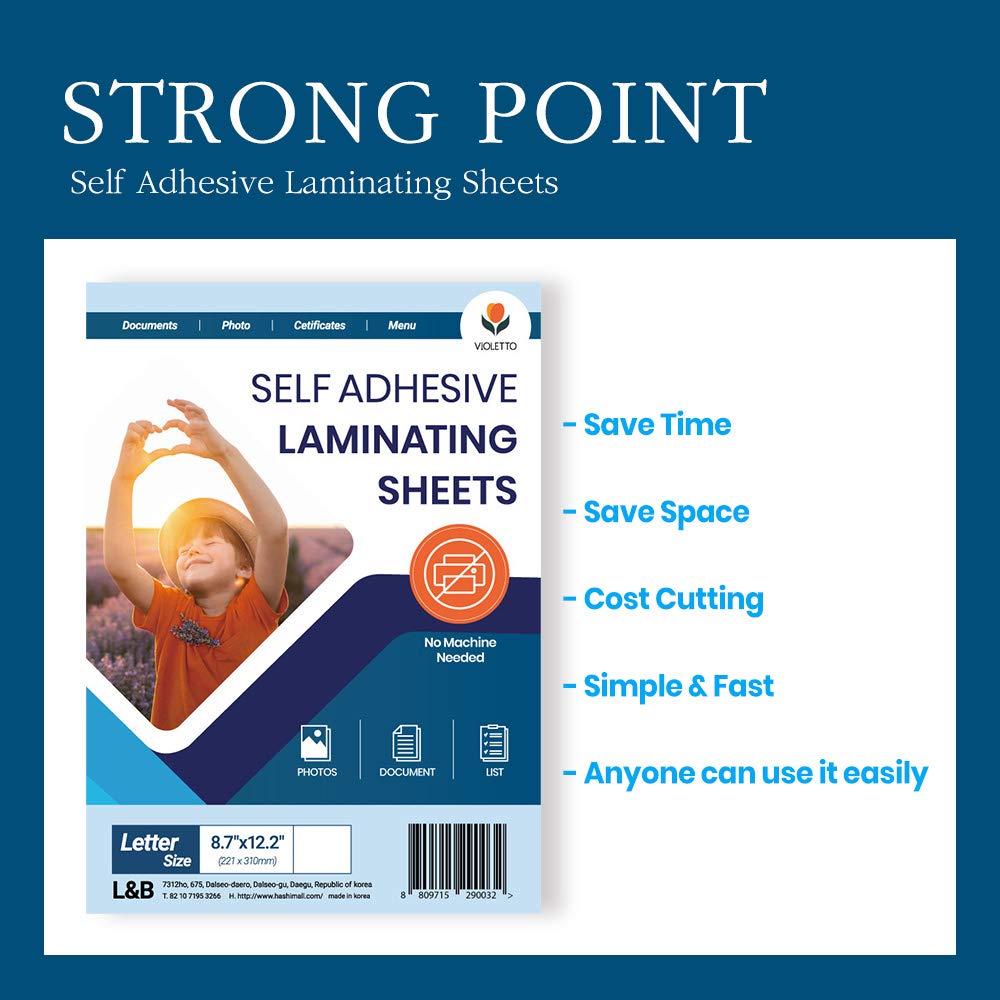20 Pack Self Adhesive Laminating Sheets, 4 mil Thickness (8.5x11 inch) Peel and Stick Clear Self Seal Laminating Sheets by VIOLETTO