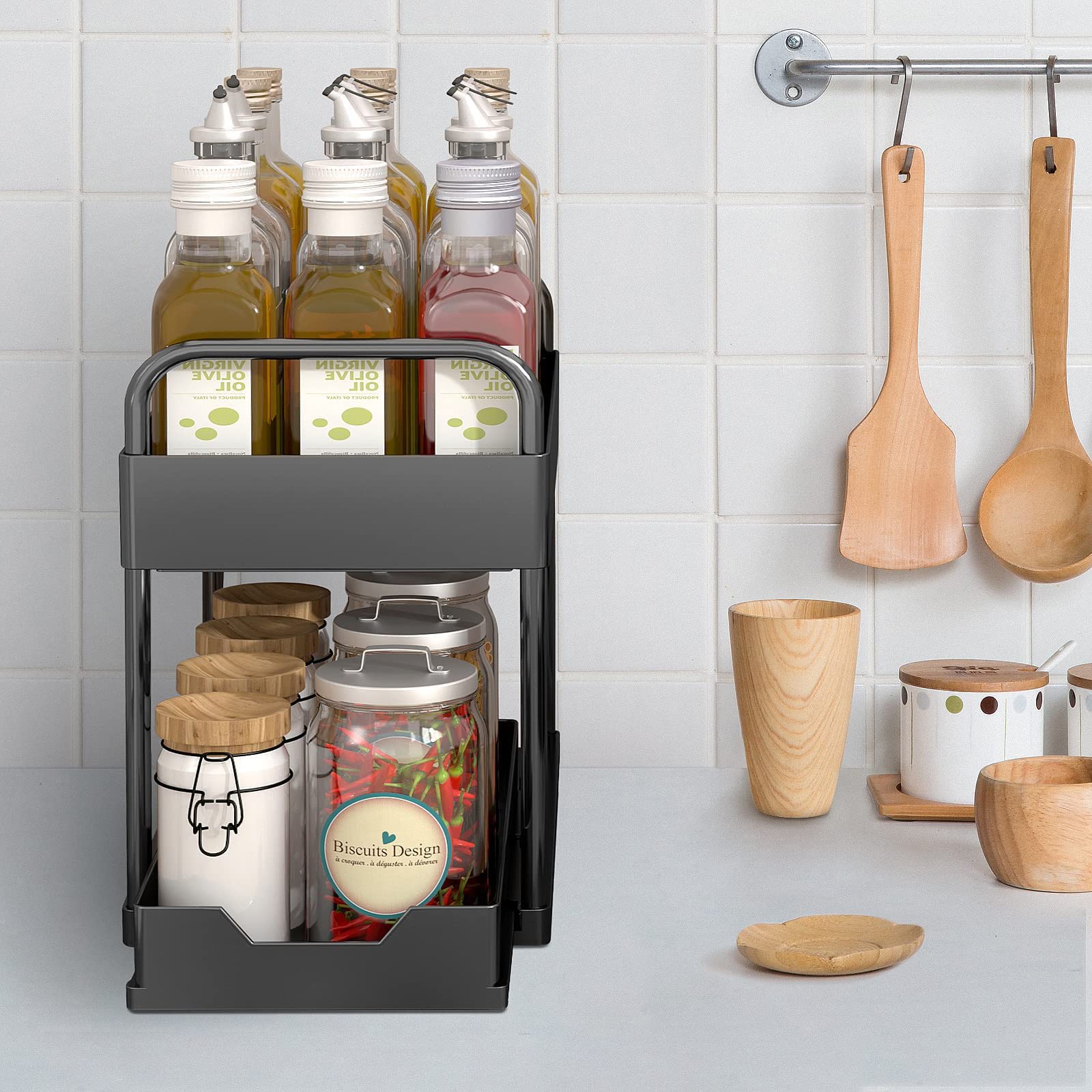 2 Tier Under Sink Organizers and Storage, 2 Pack Sliding Under Bathroom Cabinet Storage Drawer Organizer with Storage Drawer with 8 Hooks and 2 Hanging Cups, Multi-purpose Under Sink Organizer, Black