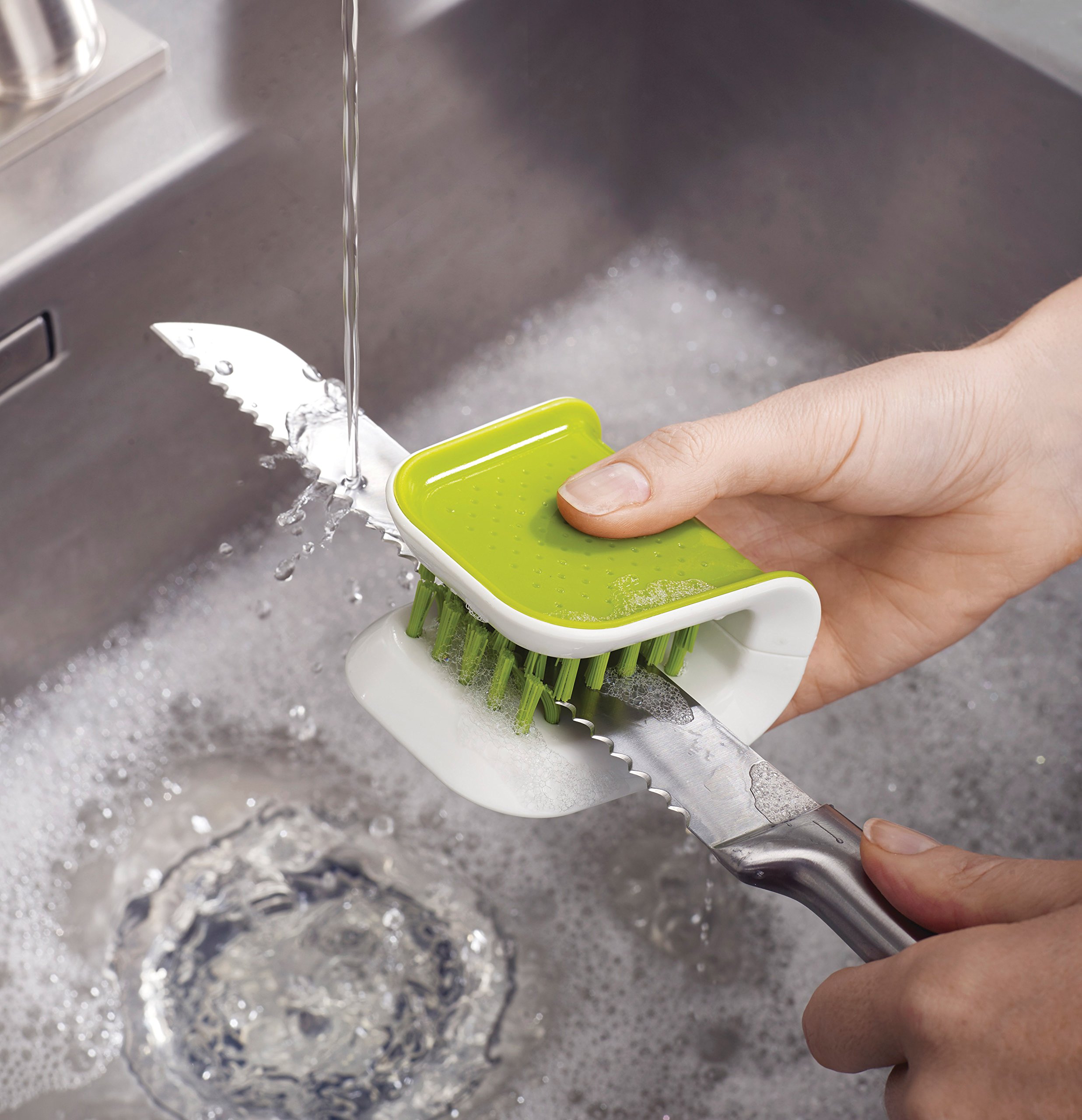 Joseph Joseph 85112 Surface Sink Caddy Stainless Steel Sponge Holder Organizer Tidy Drains Water, Silver & BladeBrush Knife and Cutlery Cleaner Brush Bristle Scrub Kitchen Washing Non-Slip, Green