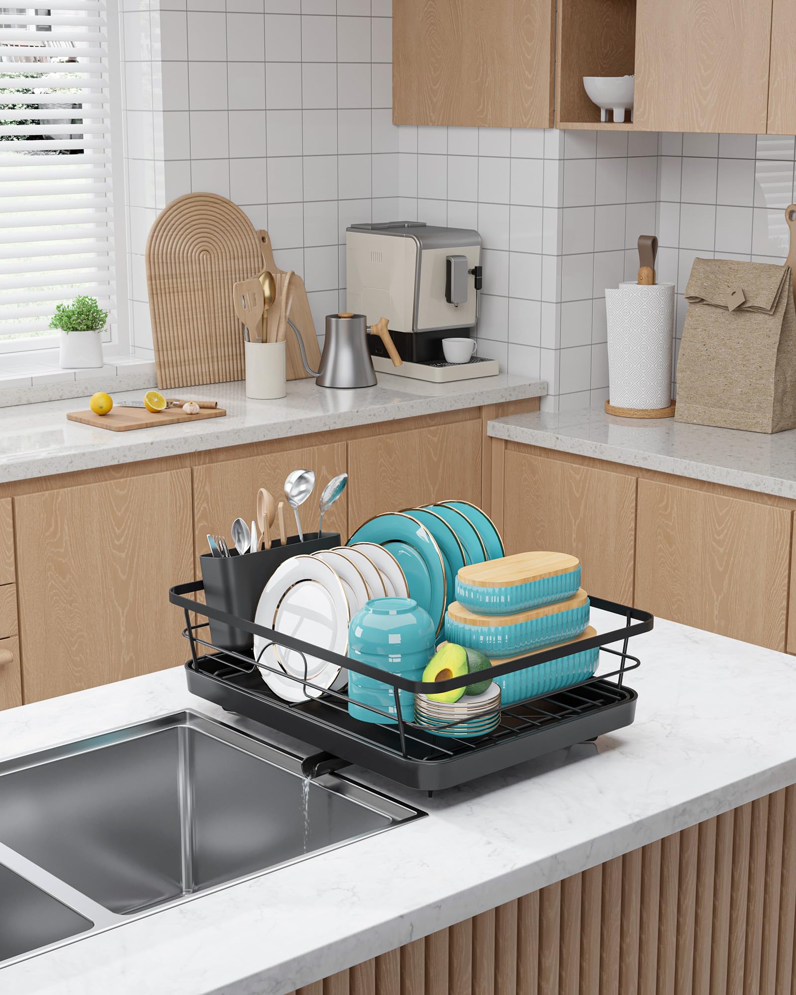 Sakugi Dish Drying Rack - Compact Dish Rack for Kitchen Counter with a Cutlery Holder, Durable Stainless Steel Kitchen Dish Rack for Various Tableware, Dish Drying Rack with Easy Installation, Black