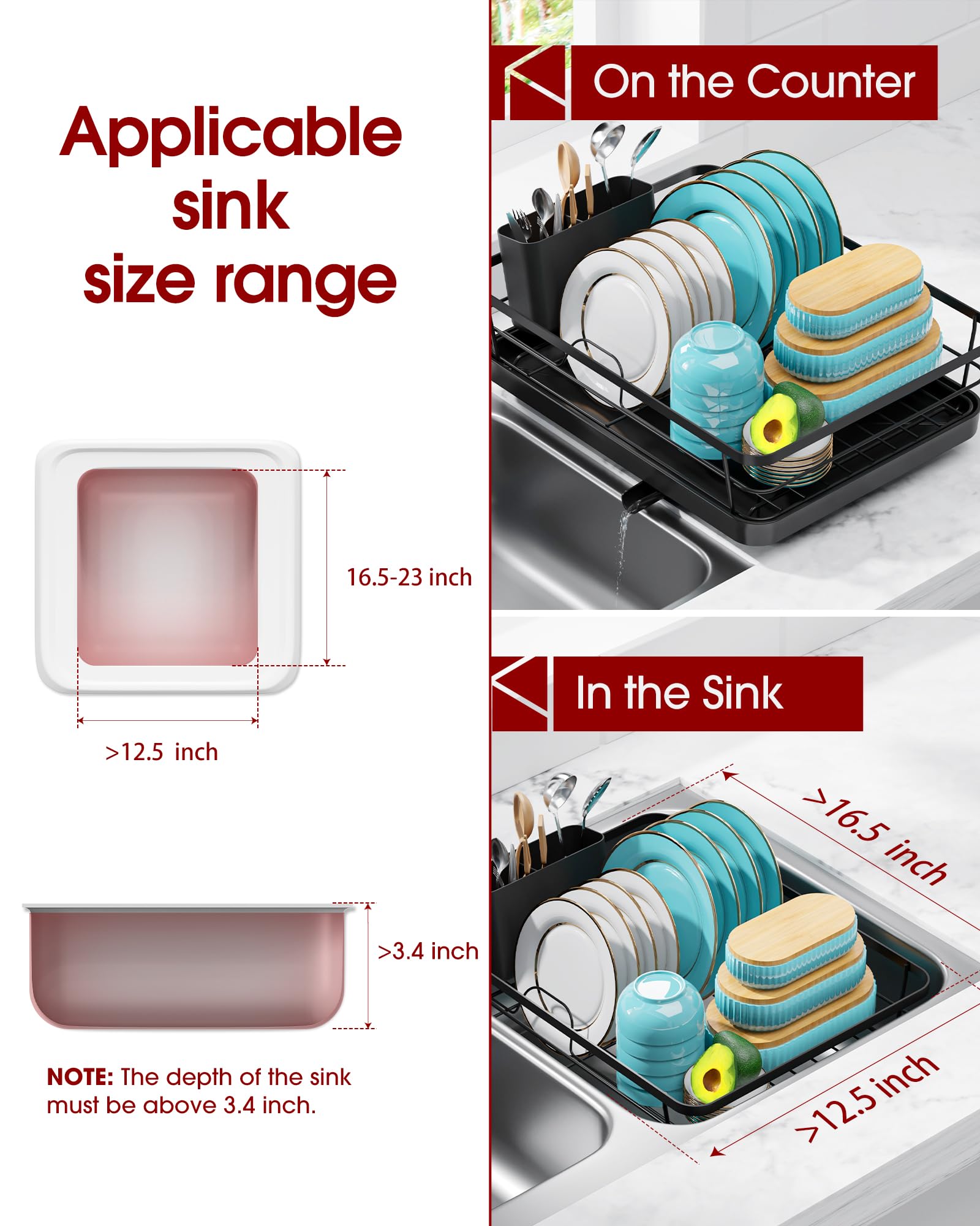 Sakugi Dish Drying Rack - Compact Dish Rack for Kitchen Counter with a Cutlery Holder, Durable Stainless Steel Kitchen Dish Rack for Various Tableware, Dish Drying Rack with Easy Installation, Black