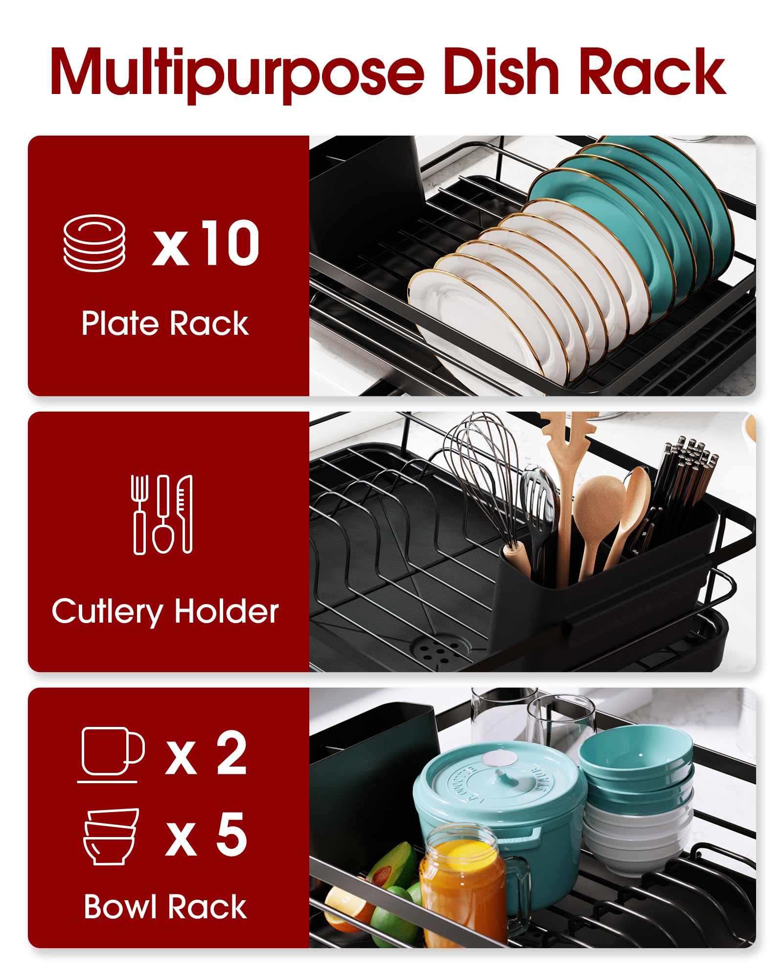 Sakugi Dish Drying Rack - Compact Dish Rack for Kitchen Counter with a Cutlery Holder, Durable Stainless Steel Kitchen Dish Rack for Various Tableware, Dish Drying Rack with Easy Installation, Black