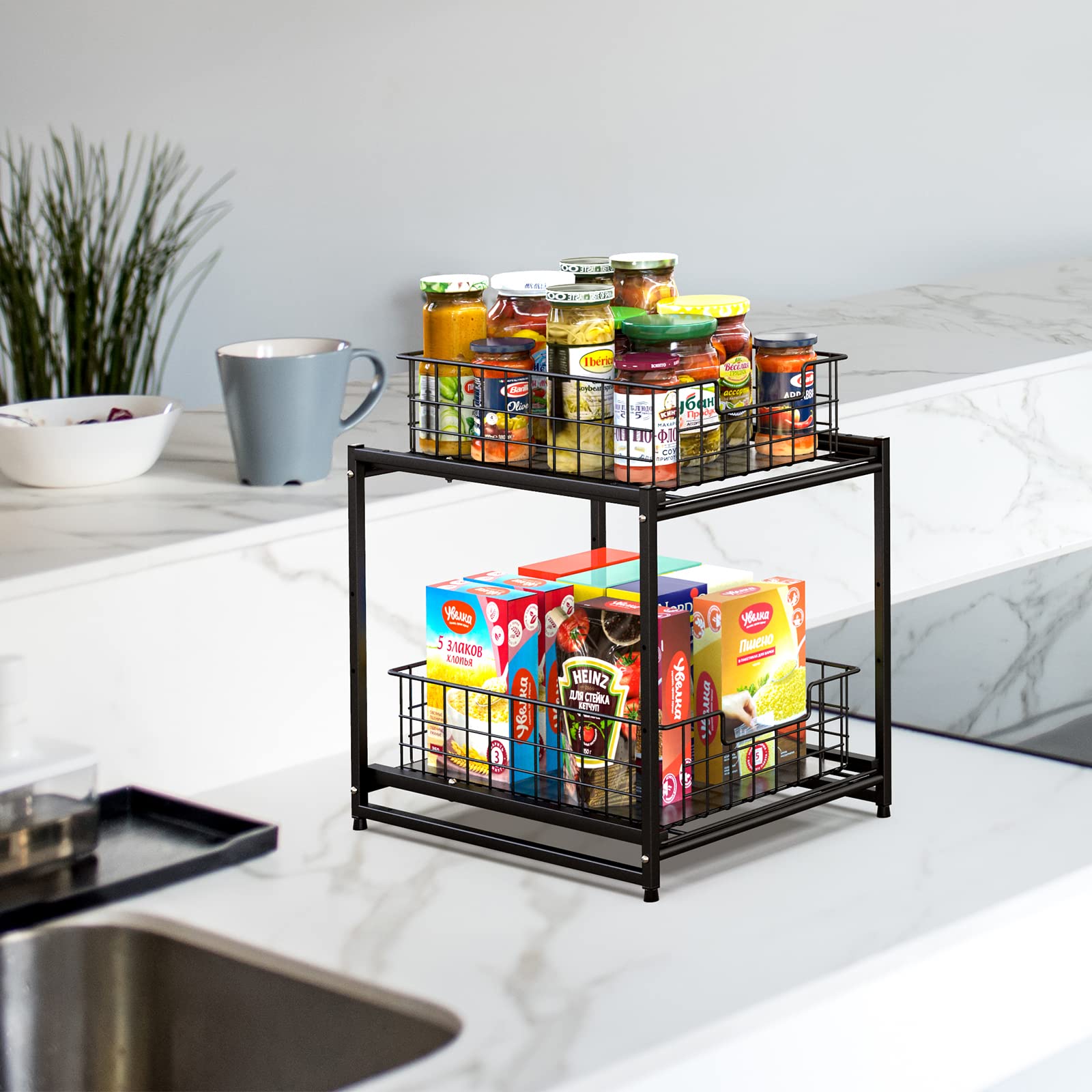 FixOwl Under Cabinet Sink Organizer with Sliding Drawer Under Bathroom Sink Storage Stackable Adjustable Height 2 Tier Countertop Organizer, 1 Pack, Black