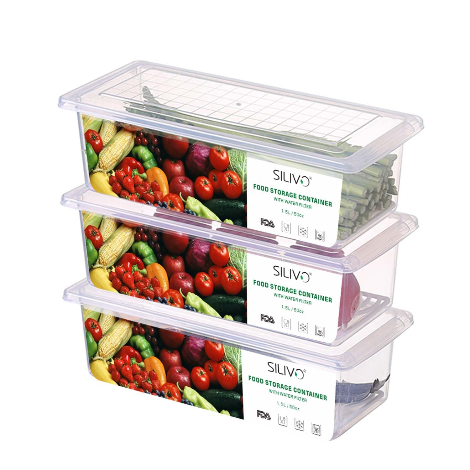 SILIVO Food Storage Containers for Fridge (3 Pack) - 1.5L Produce Saver Containers for Refrigerator with Removable Drain Tray Keep Fresh for Produce, Fruits and Vegetables