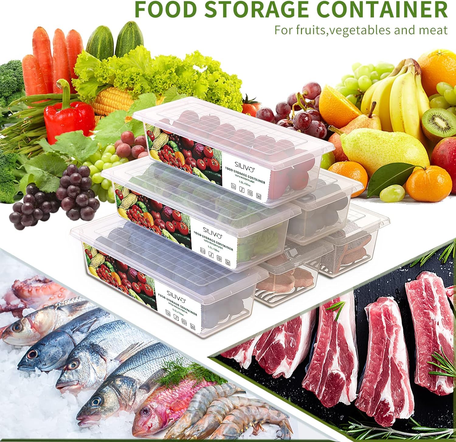 SILIVO Food Storage Containers for Fridge (3 Pack) - 1.5L Produce Saver Containers for Refrigerator with Removable Drain Tray Keep Fresh for Produce, Fruits and Vegetables