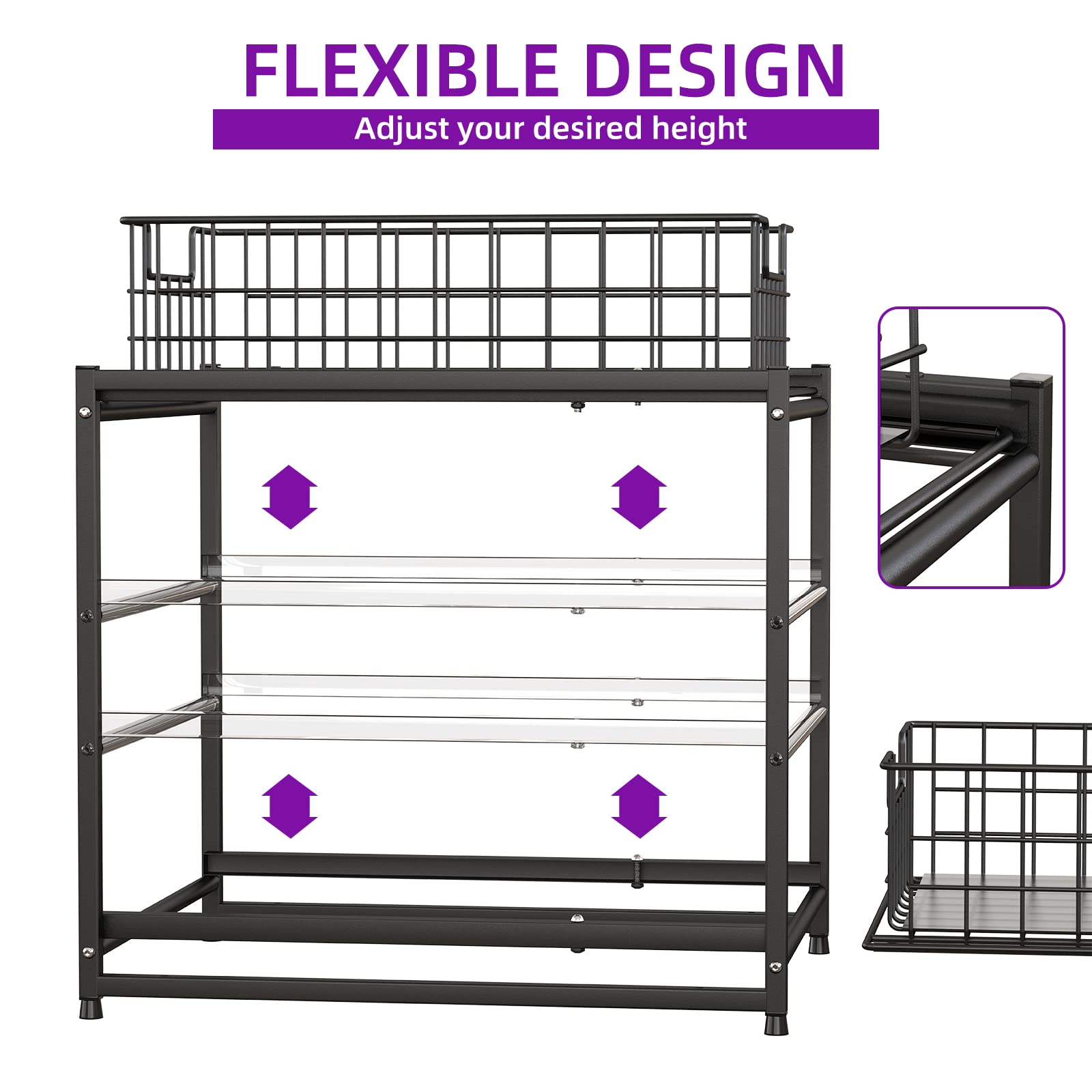 FixOwl Under Cabinet Sink Organizer with Sliding Drawer Under Bathroom Sink Storage Stackable Adjustable Height 2 Tier Countertop Organizer, 1 Pack, Black