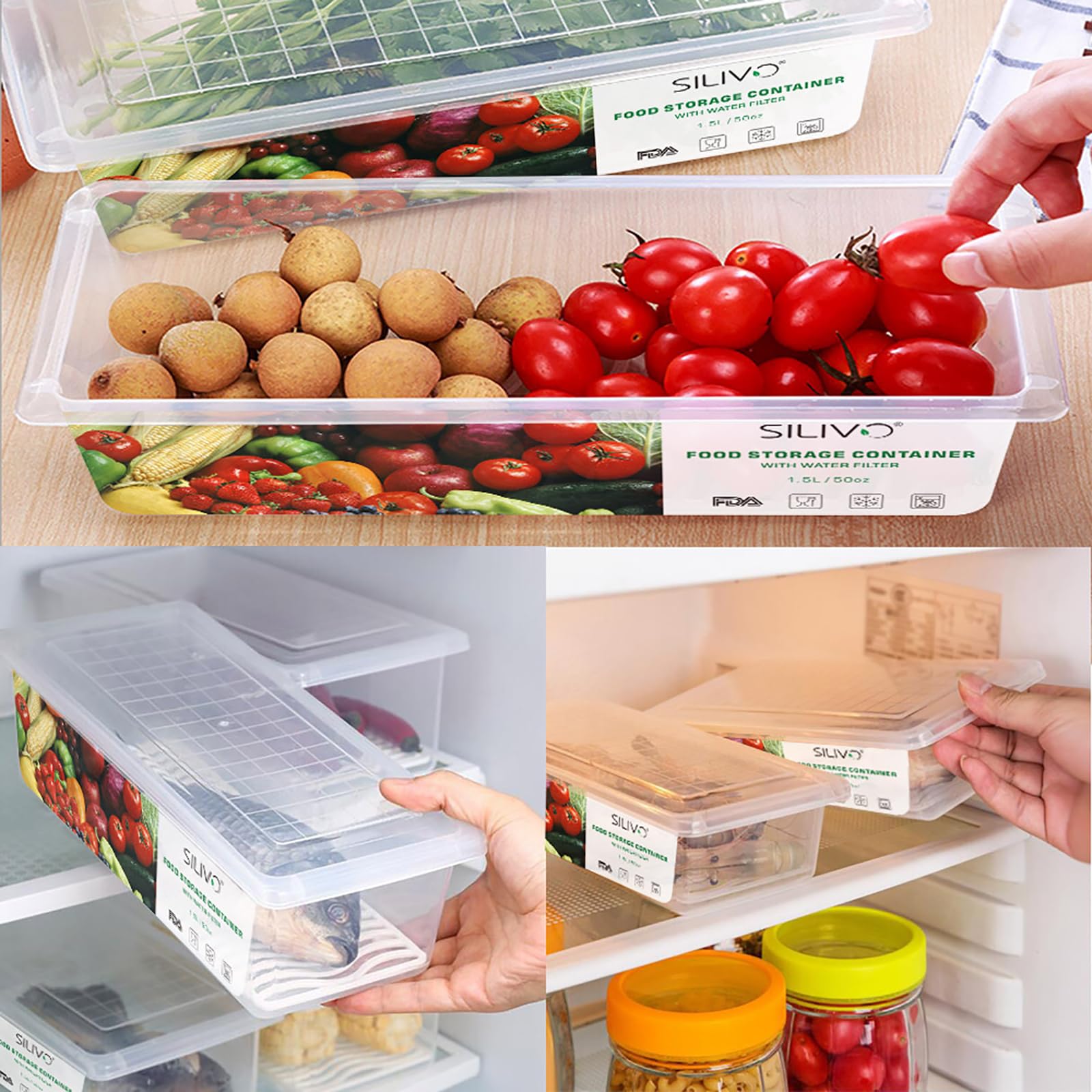 SILIVO Food Storage Containers for Fridge (3 Pack) - 1.5L Produce Saver Containers for Refrigerator with Removable Drain Tray Keep Fresh for Produce, Fruits and Vegetables