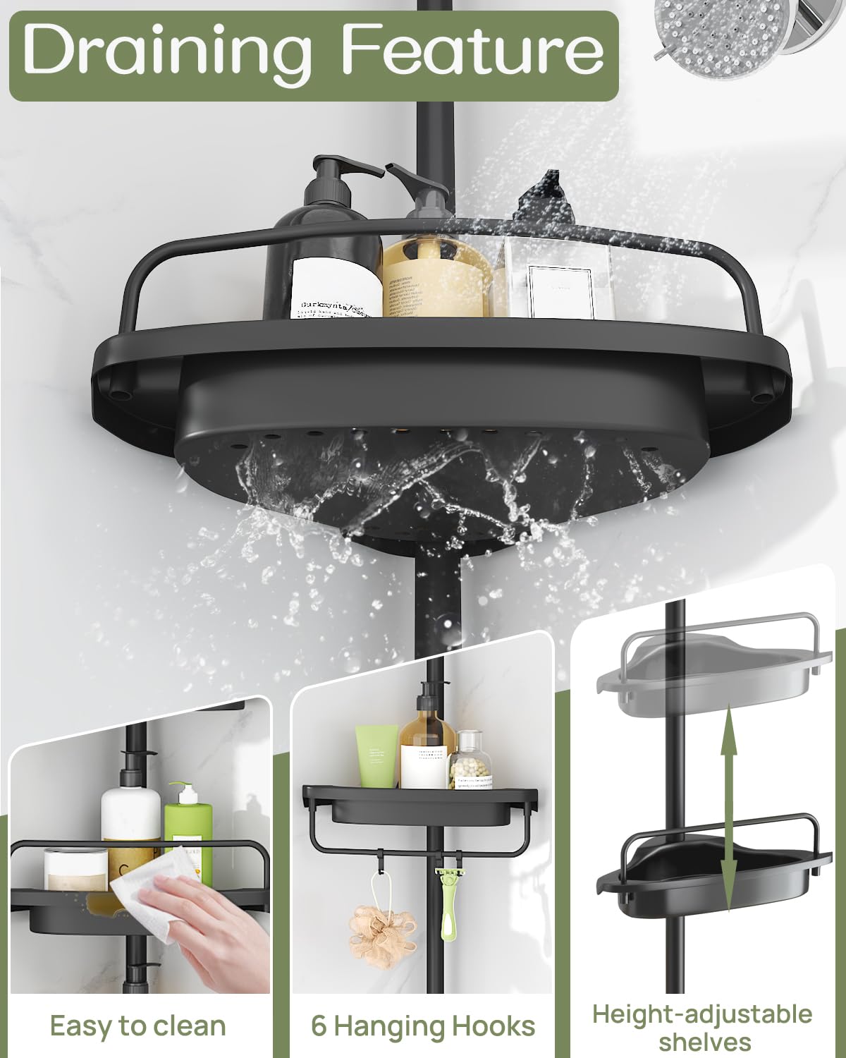 ALLZONE Rustproof Shower Caddy Corner for Bathroom,Bathtub Storage Organizer for Shampoo Accessories,4-Tier Adjustable Shelves with Tension Pole,56 to 114 Inch, Black