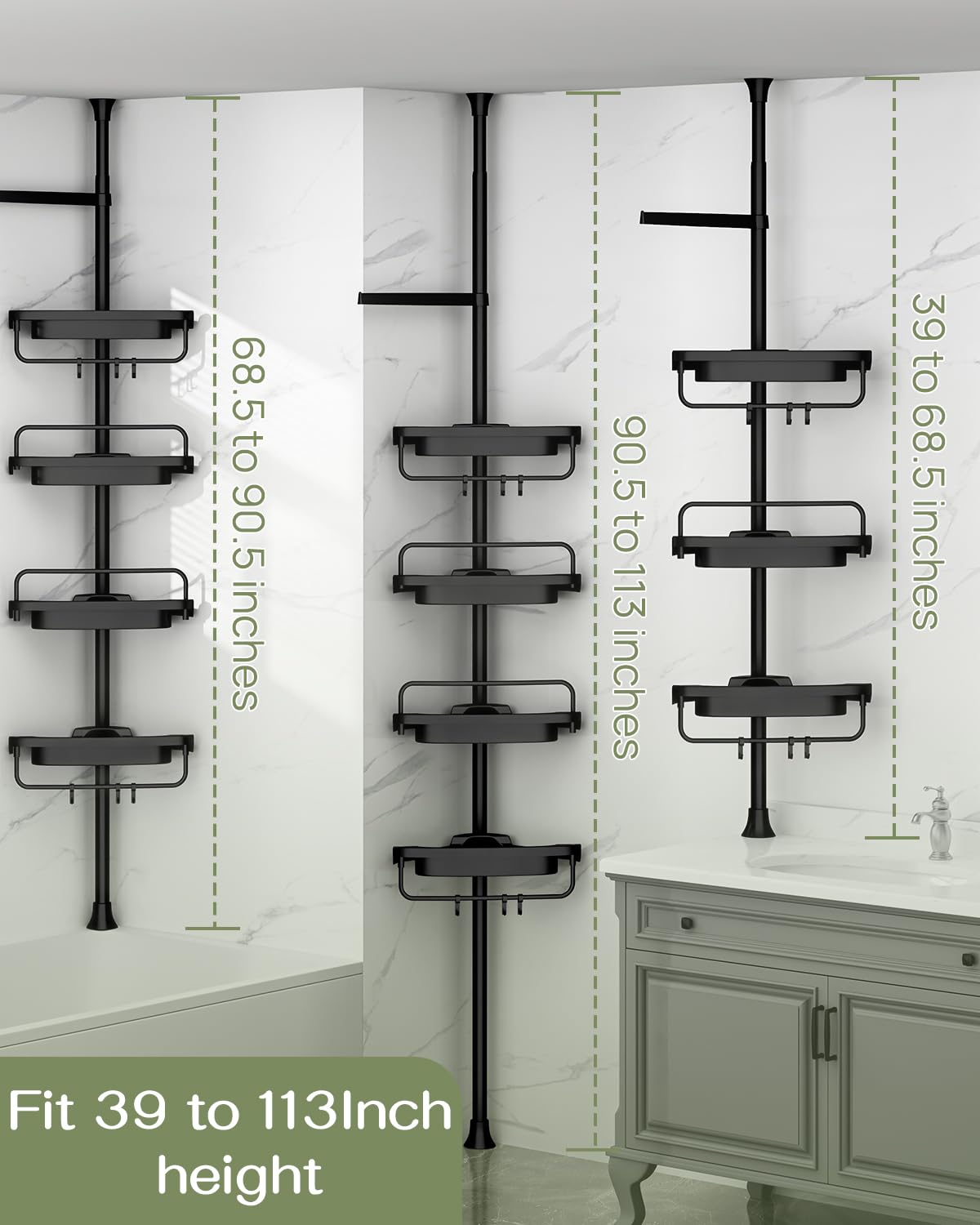 ALLZONE Rustproof Shower Caddy Corner for Bathroom,Bathtub Storage Organizer for Shampoo Accessories,4-Tier Adjustable Shelves with Tension Pole,56 to 114 Inch, Black