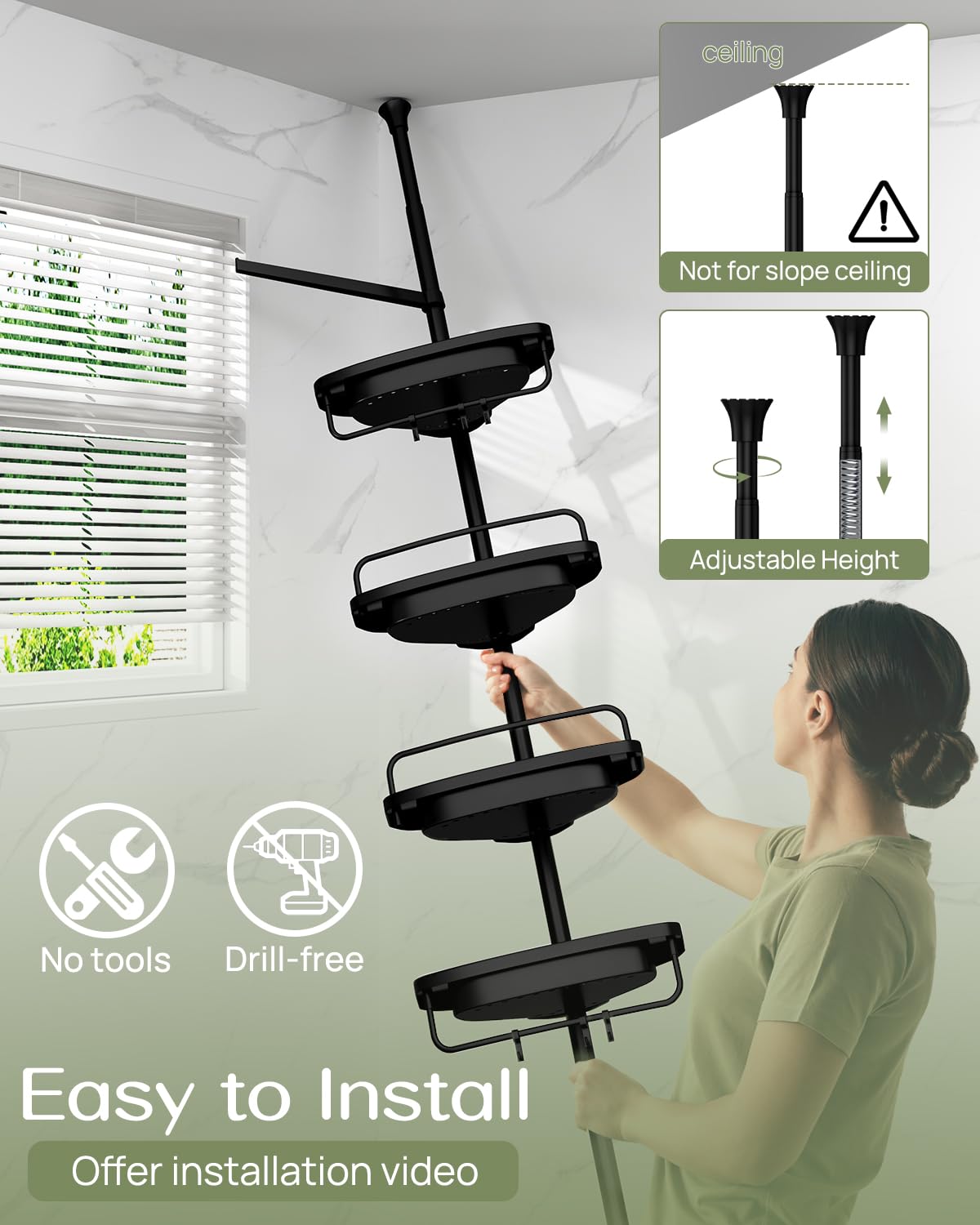 ALLZONE Rustproof Shower Caddy Corner for Bathroom,Bathtub Storage Organizer for Shampoo Accessories,4-Tier Adjustable Shelves with Tension Pole,56 to 114 Inch, Black