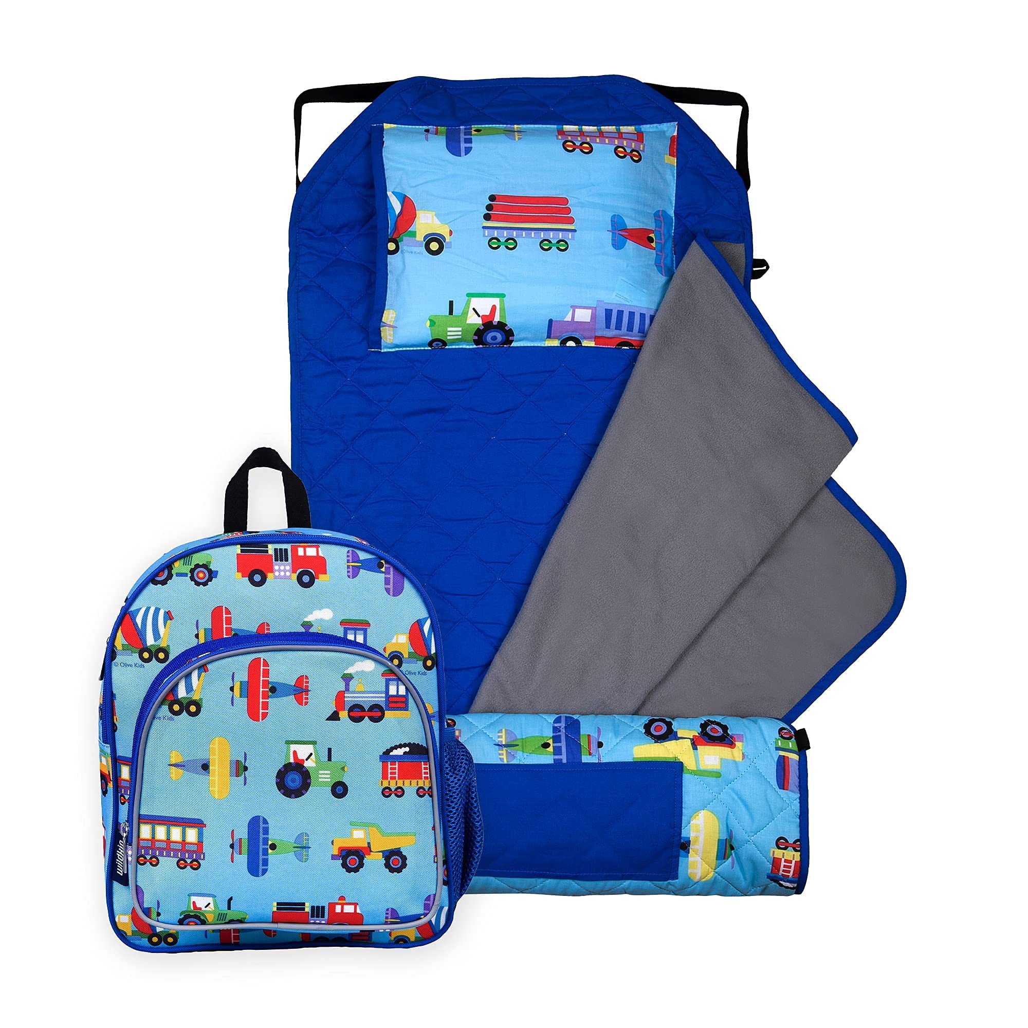 Wildkin 12 Inch Kids Backpack with Modern Nap Mat (Trains, Planes & Trucks)