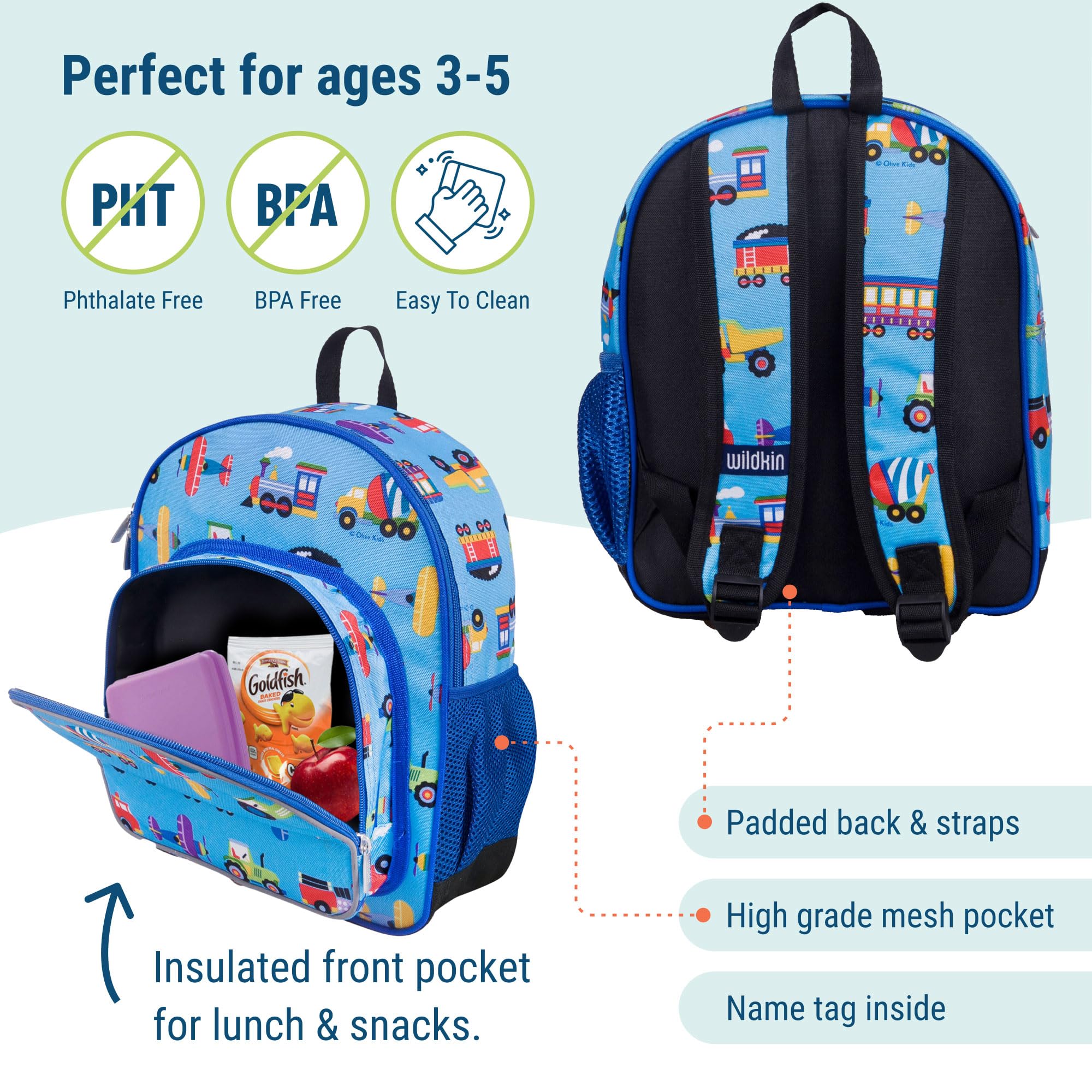 Wildkin 12 Inch Kids Backpack with Modern Nap Mat (Trains, Planes & Trucks)