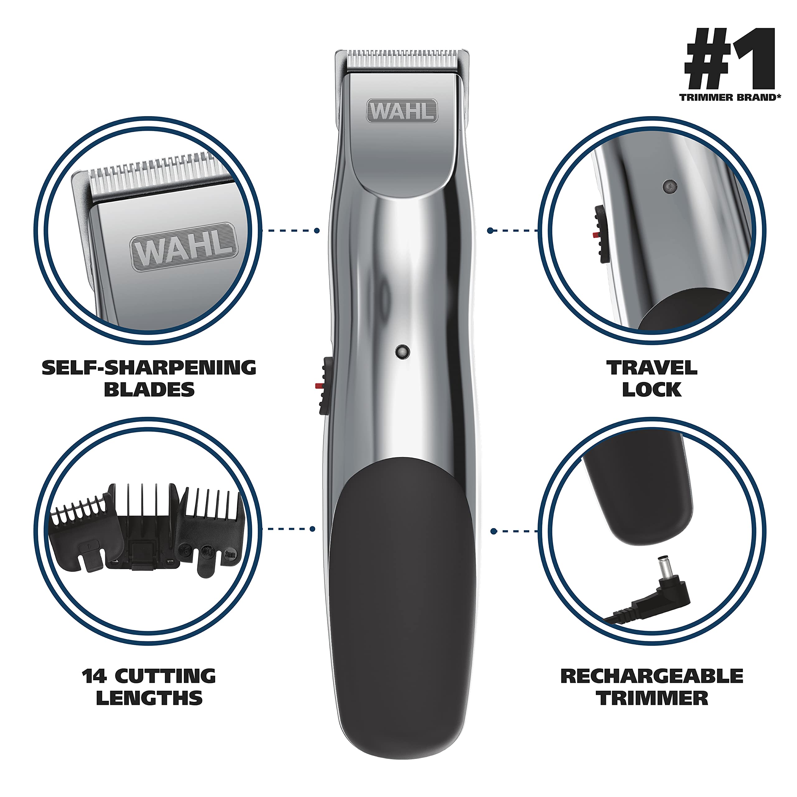 Wahl Cordless Rechargeable Beard Trimmer for Men with Self-Sharpening Blades, Travel Lock, & 14 Cutting Lengths β Model 9916-4301V