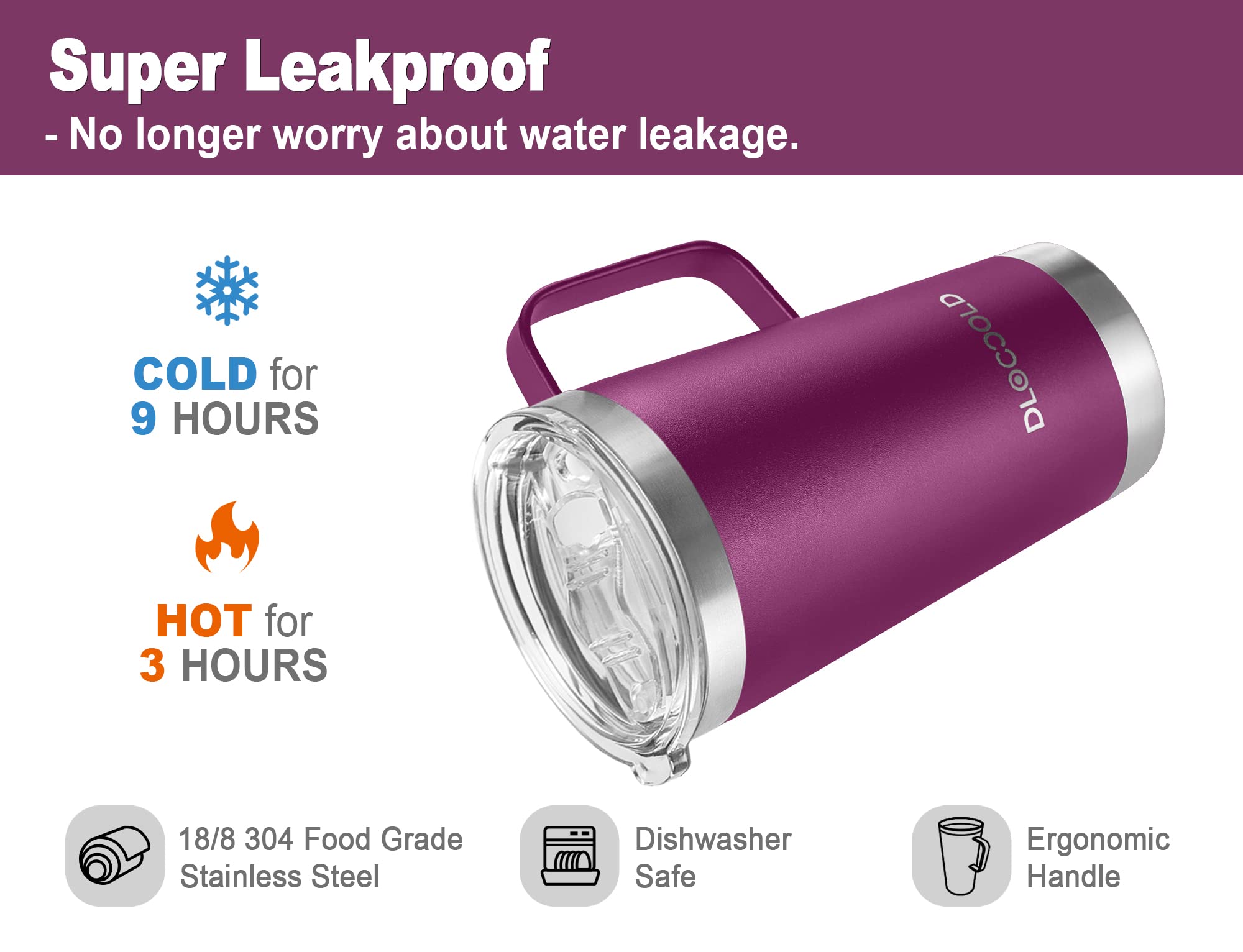 DLOCCOLD Insulated Coffee Mug with Handle Stainless Steel Travel Coffee Cup with Lid Spill Proof Reusable Thermos Coffee Cups for Men Women Car Cup holder Friendly (Purple, 20 oz)