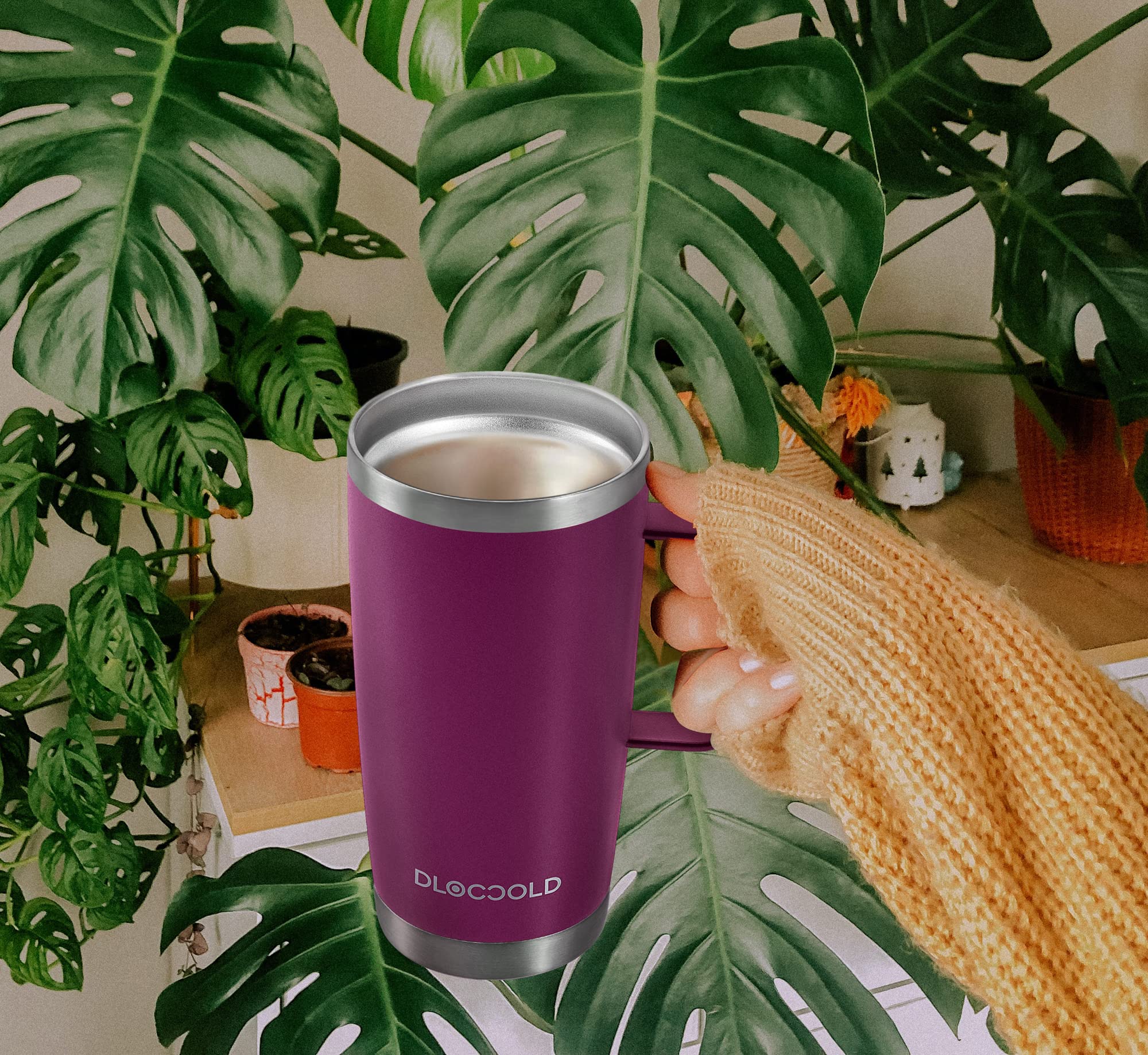 DLOCCOLD Insulated Coffee Mug with Handle Stainless Steel Travel Coffee Cup with Lid Spill Proof Reusable Thermos Coffee Cups for Men Women Car Cup holder Friendly (Purple, 20 oz)