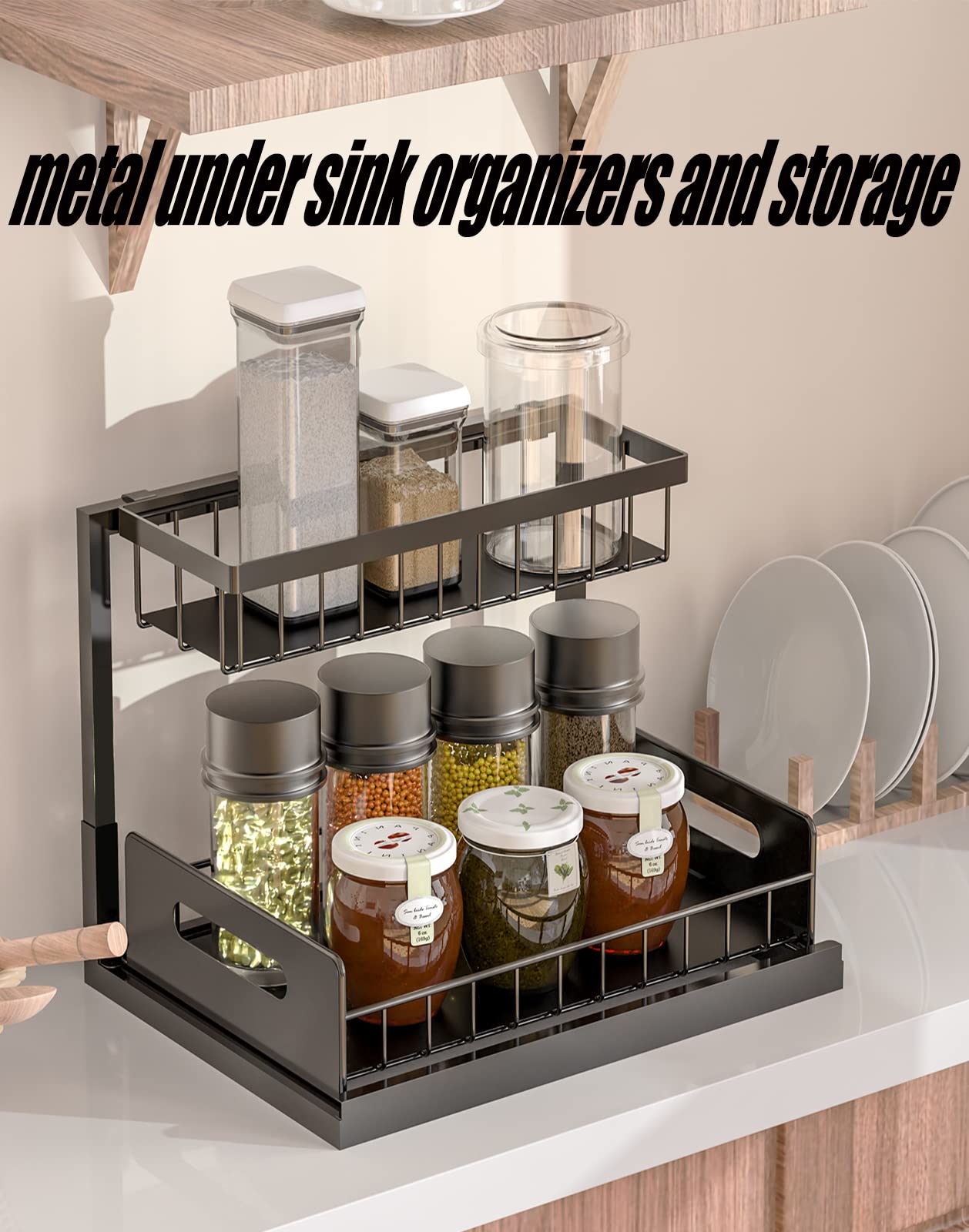 KINGPOUL Under Sink Organizers-2-Tier Heavy Duty Metal Slide Out Pull Out Drawers L-Shape Under Cabinet Storage Around Plumbing, for Under Kitchen Bathroom Sink Organizers and Storage(Black)
