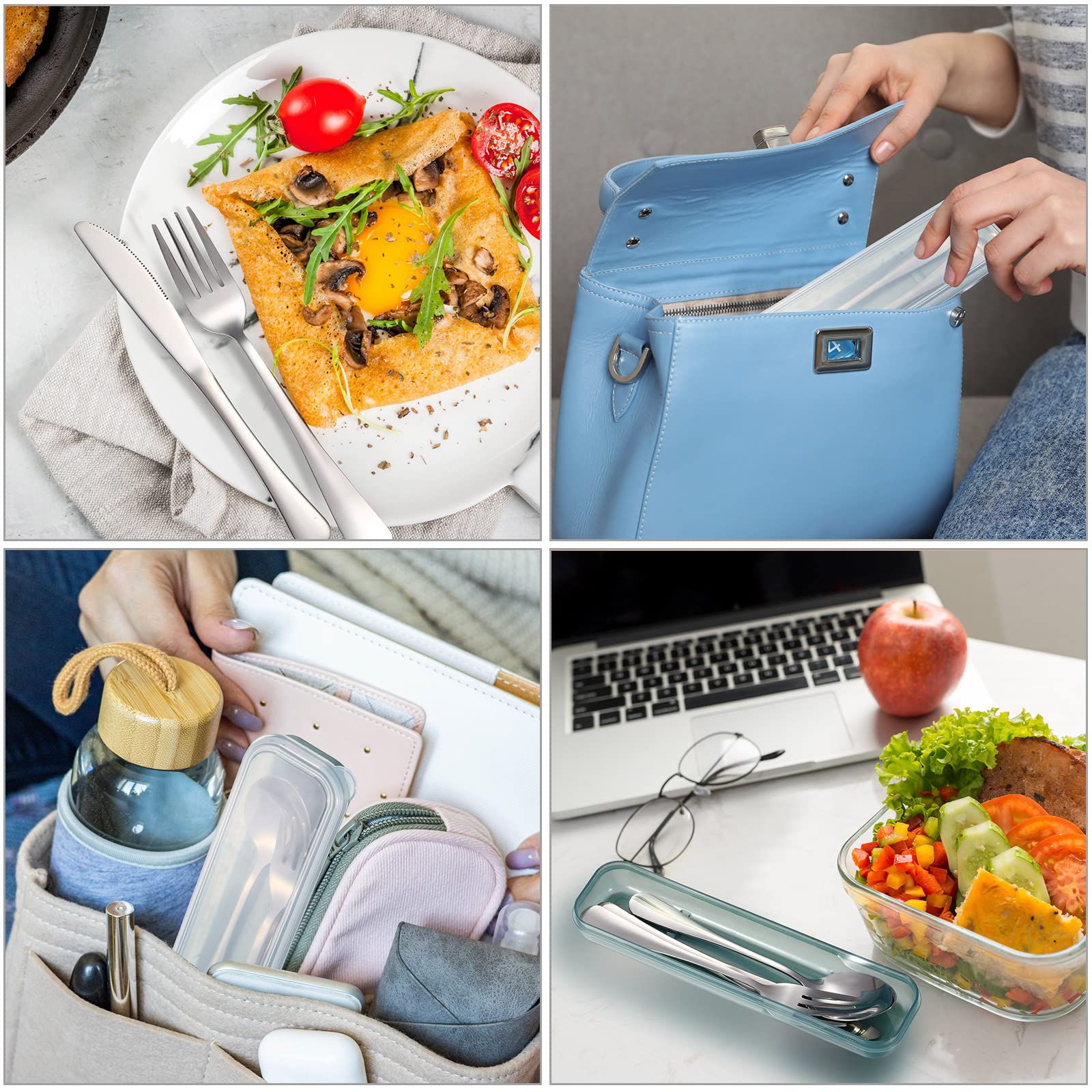 4 Pack Portable Stainless Steel Utensil Set with Case Travel Reusable Silverware Flatware Set 4-piece Camping Cutlery Include Fork Spoon Knife with Case for Office School Picnic Dishwasher Safe