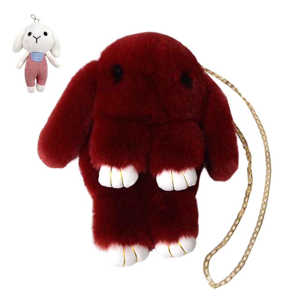YUNPLAN Faux Rabbit Fur Crossbody Handbag Shoulder Bag with Kawaii Bag Keychain, Stuffed Animal Backpack for School Girls, Easter Gifts for Toddlers Backpack for Girls Women (Red wine)