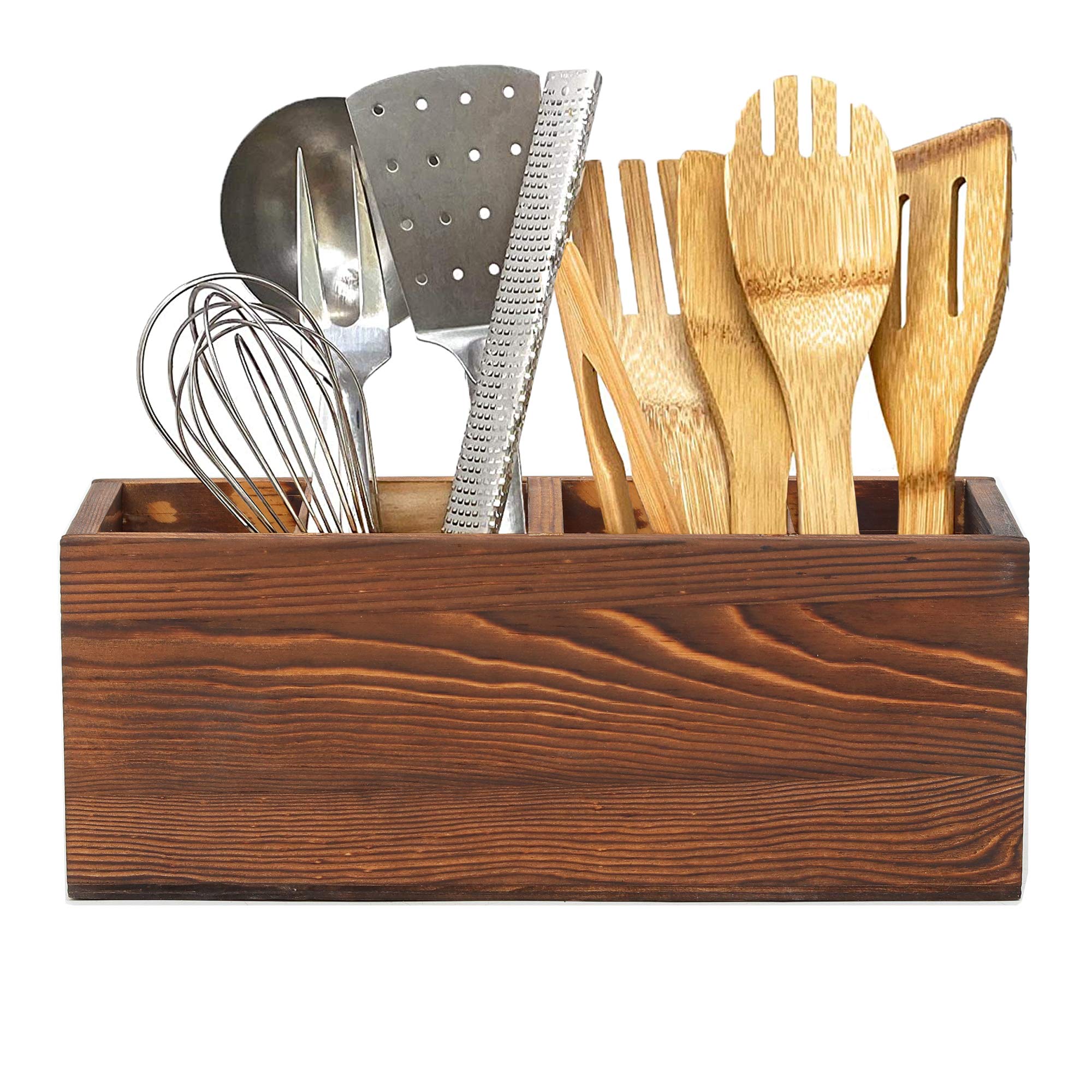 Vintage Rustic Kitchen Flatware Utensil Holder with 4 Divide Compartments, Makeup Brush Holder Torched Wood Silverware Tray Cutlery Storage Organizer Countertop