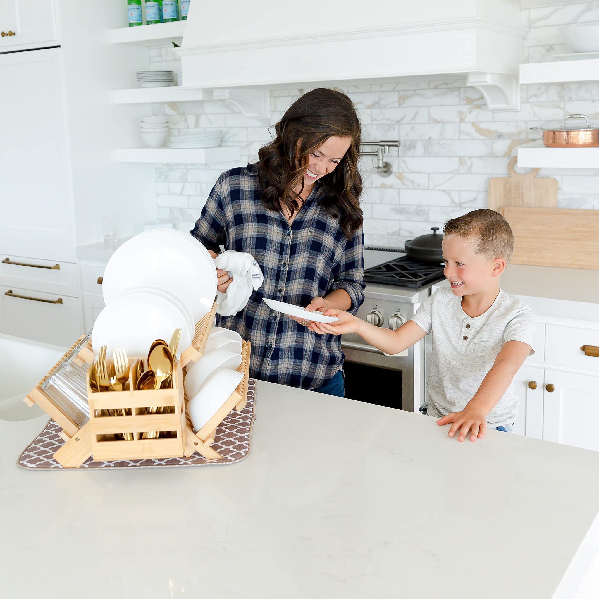 All-in-1 Bamboo Dish Drying Rack Set with Utensil Holder and Microfiber Drying Mat Large Collapsible 3 Tier Wooden Dish Drying Rack Bamboo Utensil Drying Rack and 15" Dish Drying Mat.