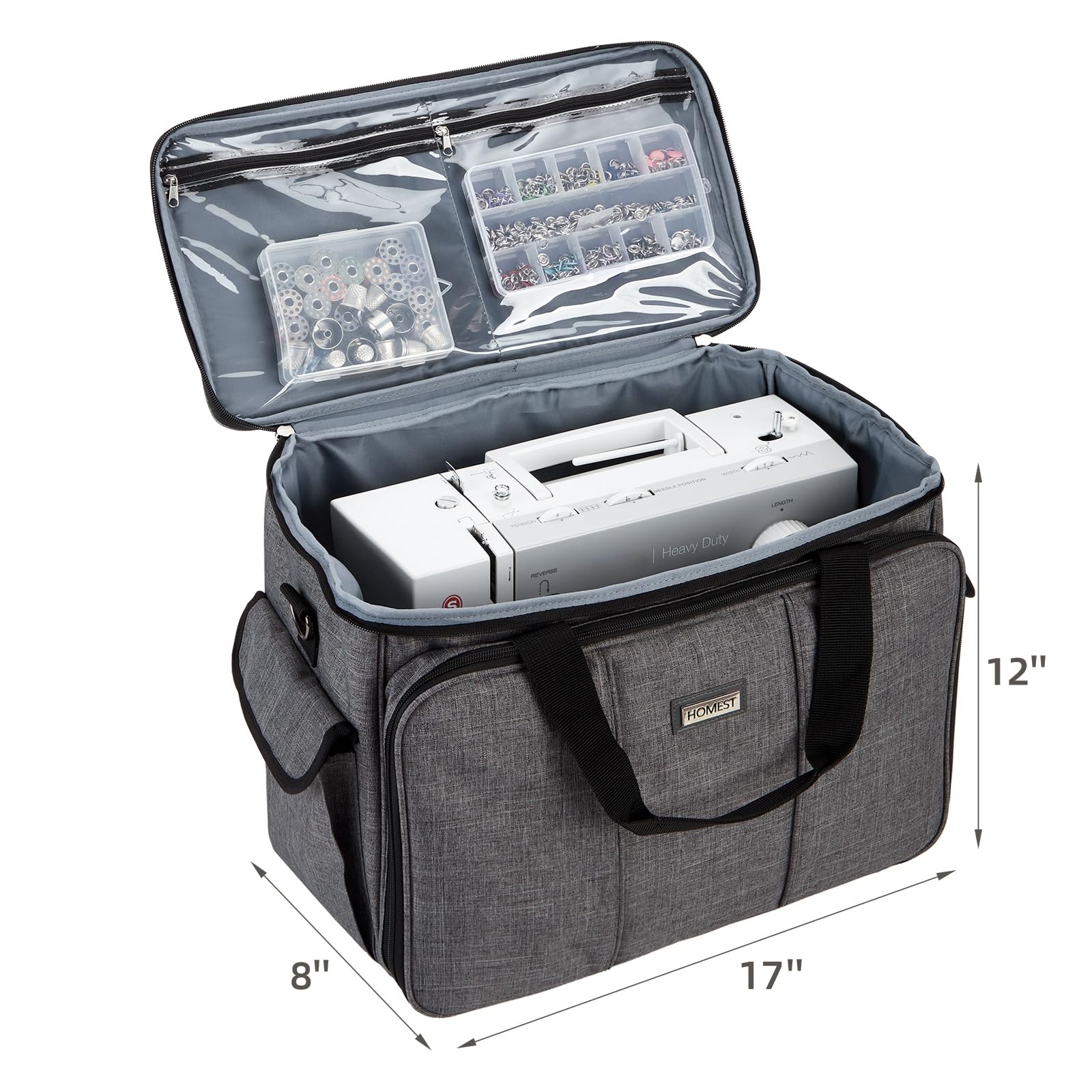 HOMEST Sewing Machine Carrying Case with Multiple Storage Pockets, Universal Tote Bag with Shoulder Strap Compatible with Most Standard Singer, Brother, Janome, Grey (Patent Design)
