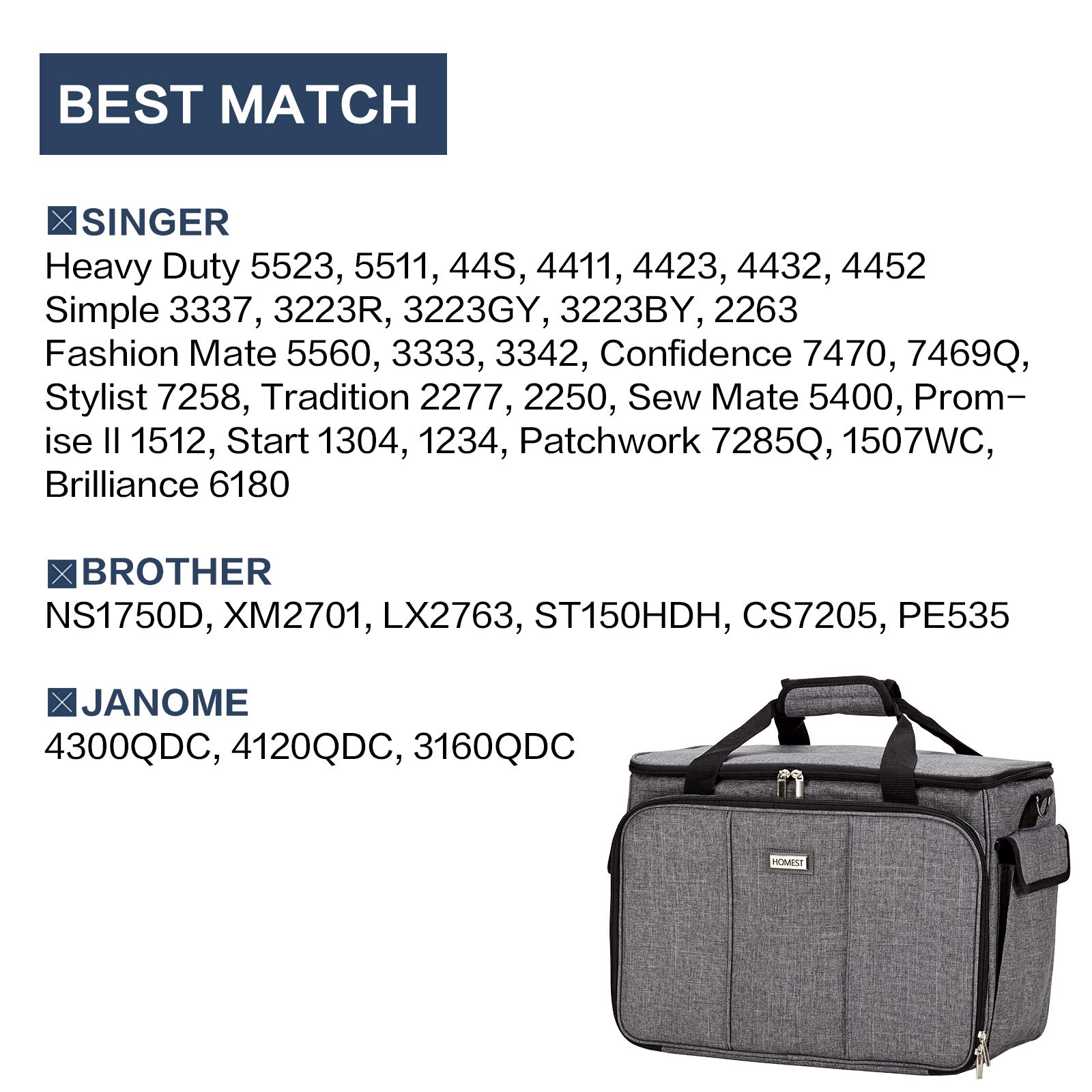 HOMEST Sewing Machine Carrying Case with Multiple Storage Pockets, Universal Tote Bag with Shoulder Strap Compatible with Most Standard Singer, Brother, Janome, Grey (Patent Design)