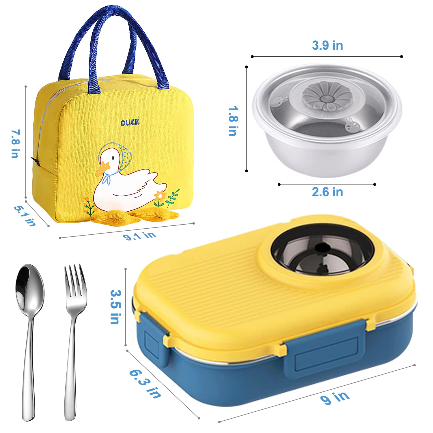 AVSAMOQ Steel Bento Lunch Box for Adults & Kids,1100 ML Stainless Steel Bento Boxes with Spoon Fork Knife,Insulated Lunch Bag, Microwave, Dishwasher Safe (Yellow duck)