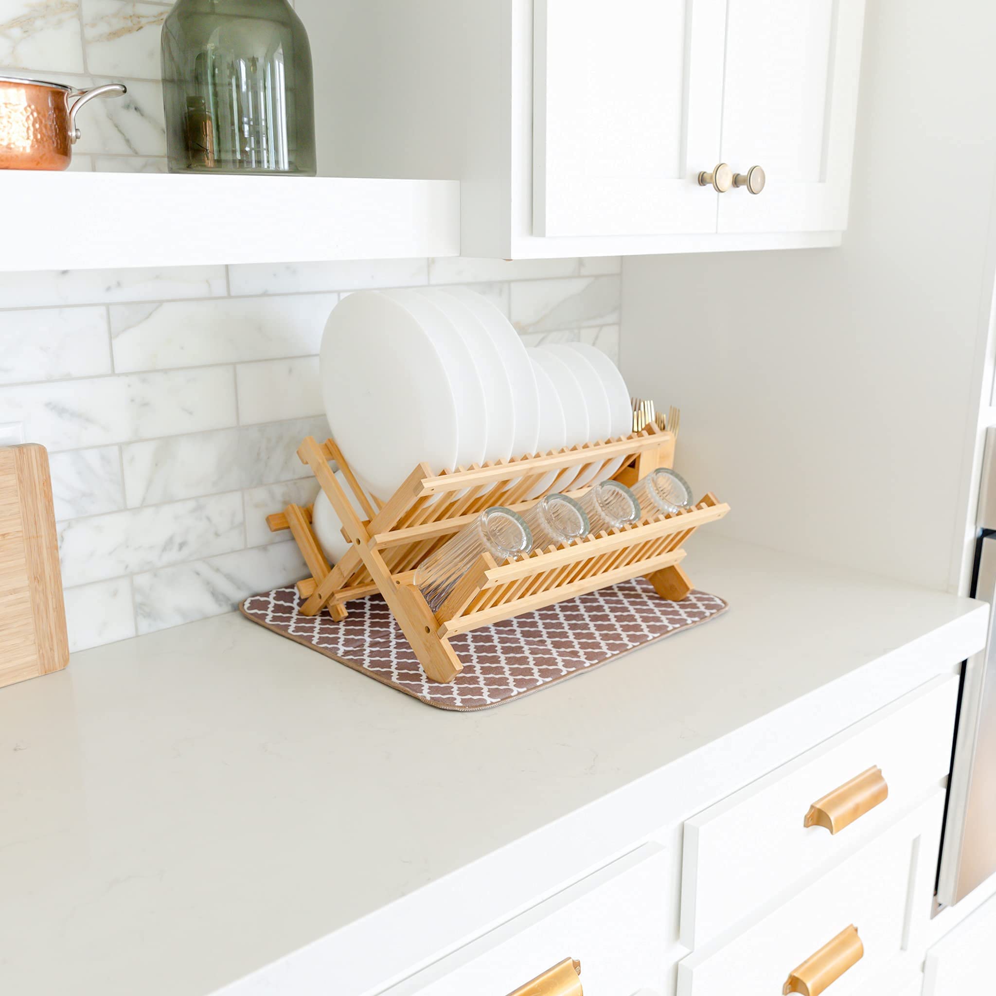 All-in-1 Bamboo Dish Drying Rack Set with Utensil Holder and Microfiber Drying Mat Large Collapsible 3 Tier Wooden Dish Drying Rack Bamboo Utensil Drying Rack and 15" Dish Drying Mat.