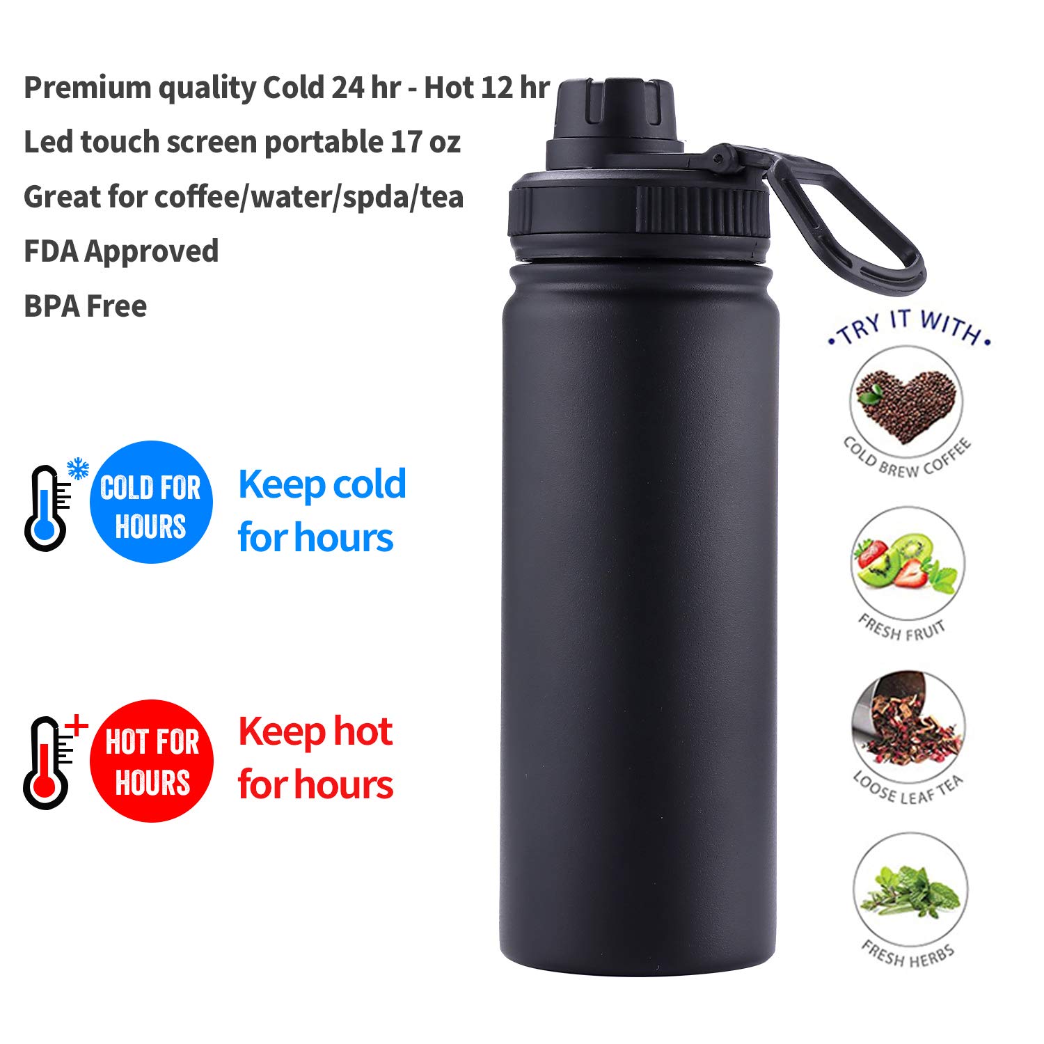 Tea Infuser Bottle With Removable Loose Leaf Tea Strainer 18/8 Stainless Steel Insulated Travel Tea Tumbler Black