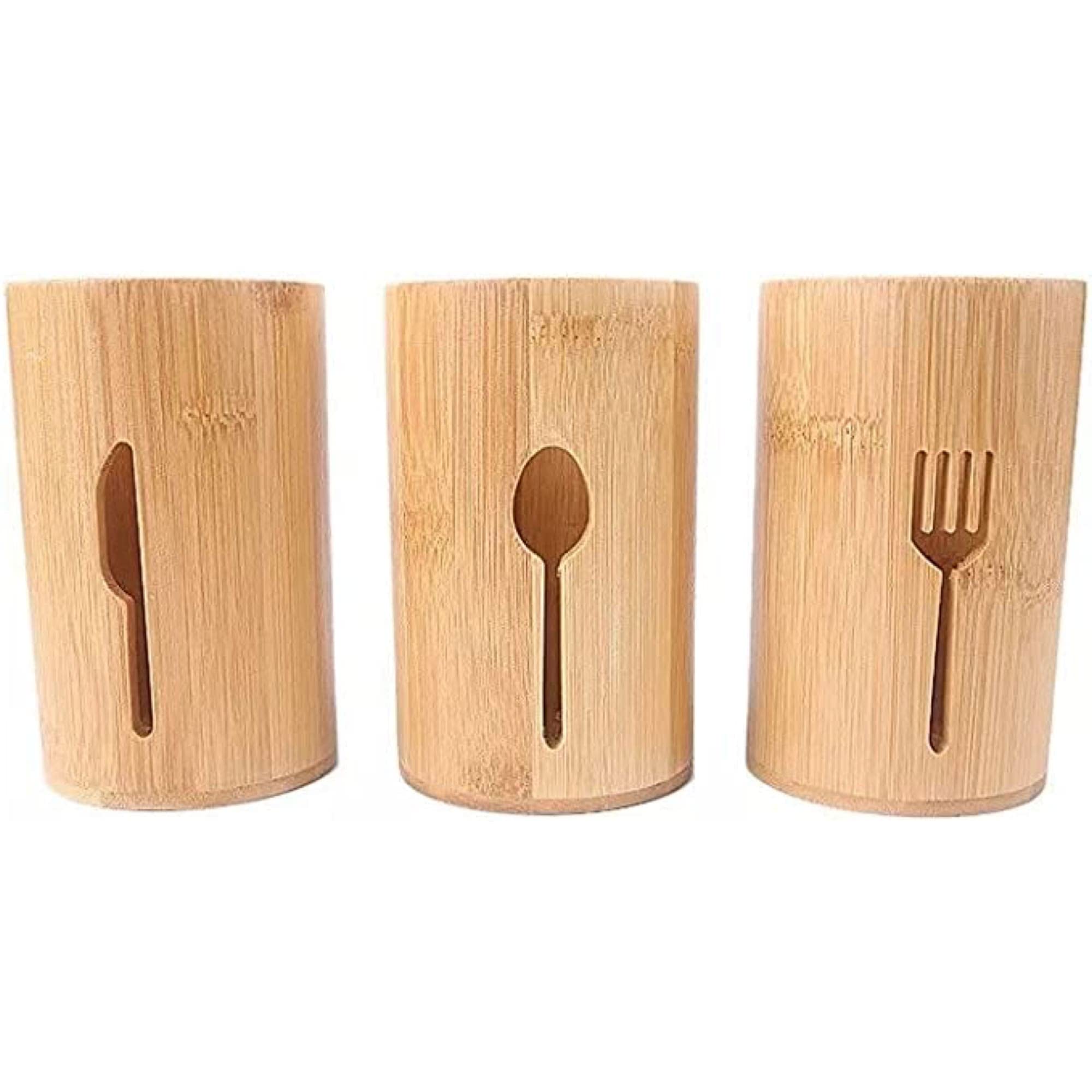 Better World Bio Bamboo Utensil Holders (Bundle of Three) with Flatware Design, Wooden Kitchen Utensil Holder For Countertop, Kitchen Utensil Caddy, Silverware Organizer, 6"x4"x4"