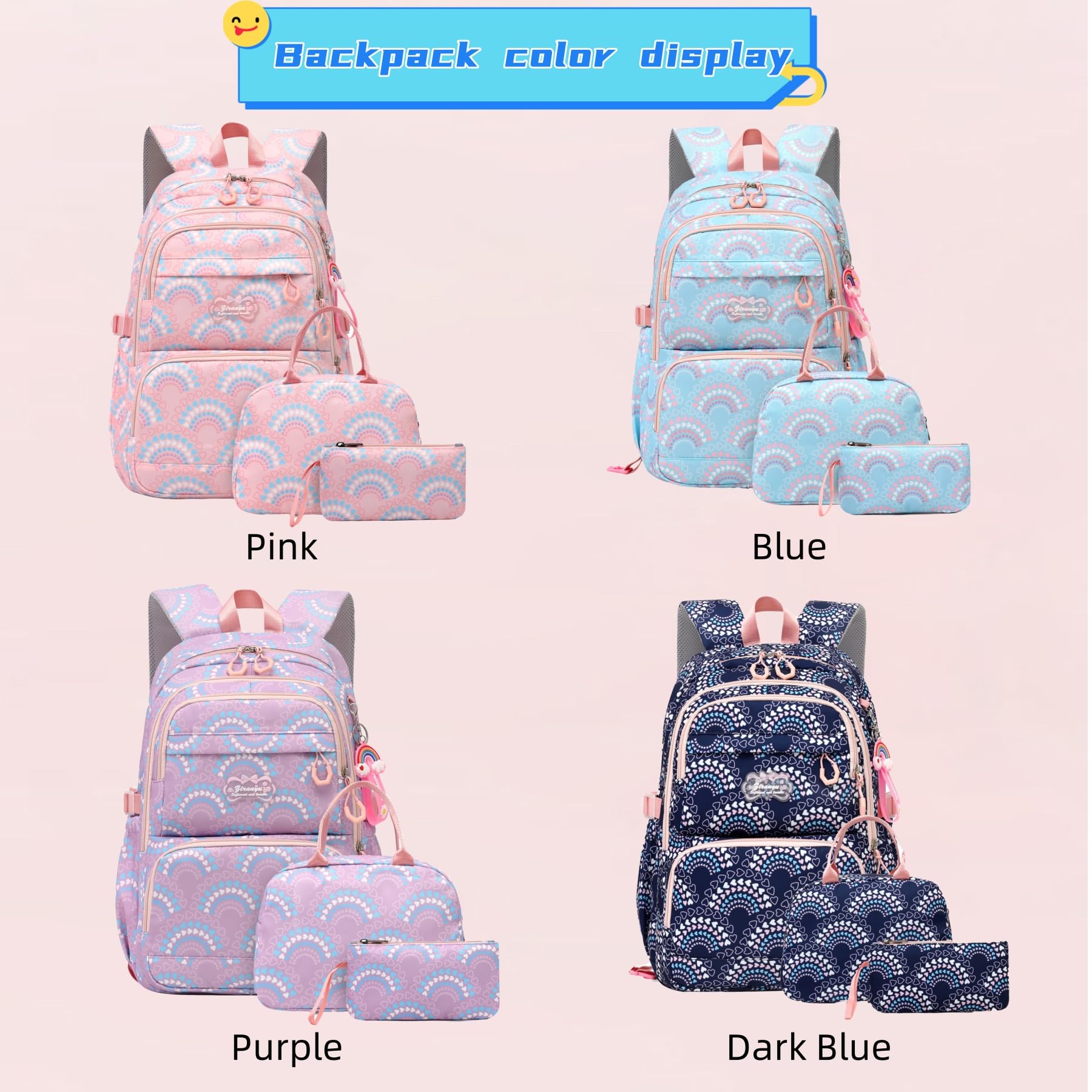 Elementary School Backpack for Girls,Waterproof Student Bookbag with Lunch box and Pencil Case