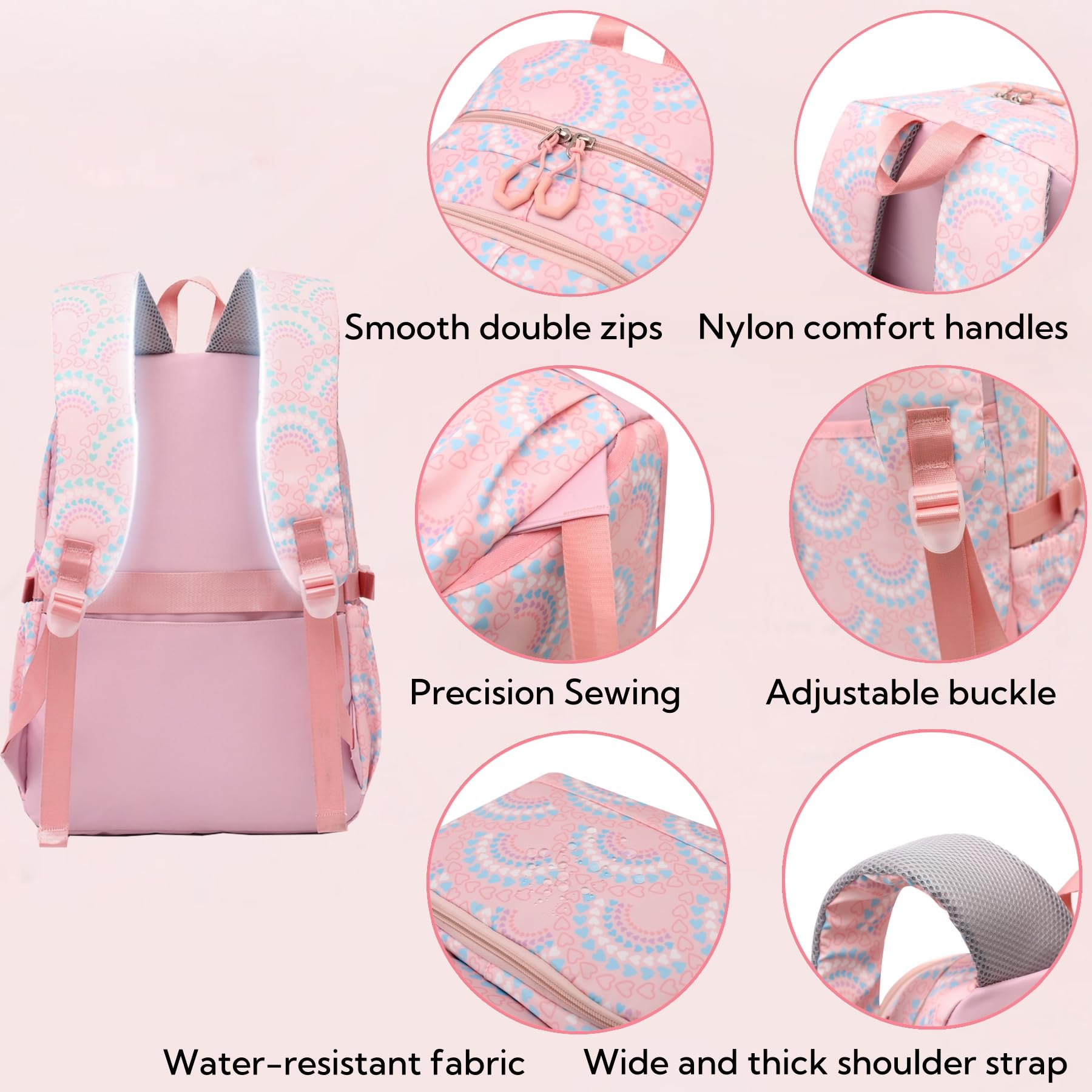 Elementary School Backpack for Girls,Waterproof Student Bookbag with Lunch box and Pencil Case