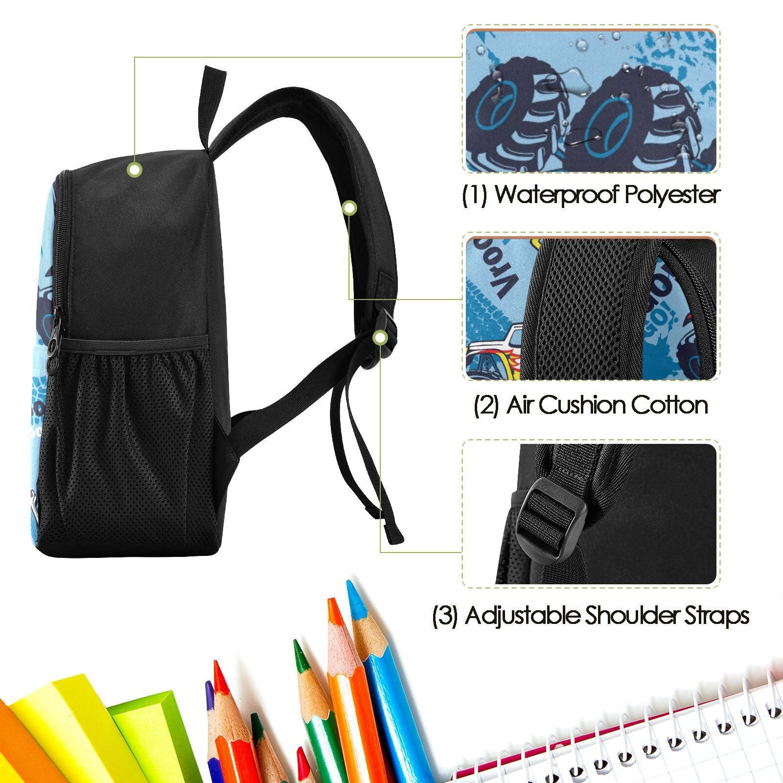 Naanle Kids Backpack for Girls Boys Monster Truck Cars Backpacks Bag Baby Rucksack for Kindergarten Elementary School