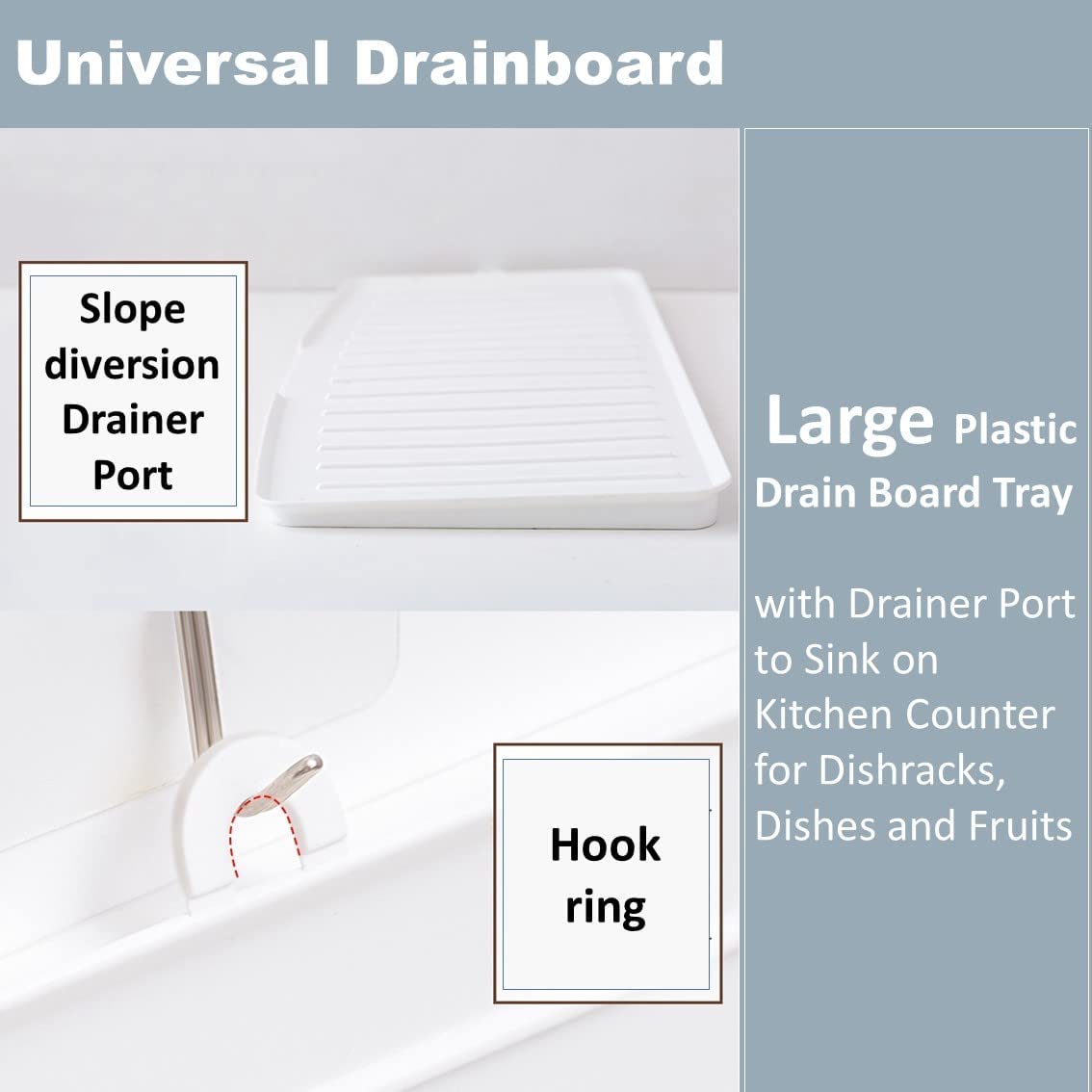 Halyuhn 18 Inch Plastic Dish Drainer Board, Large White Draining Tray with Side Drop Slope Diversion, Water Drain Board Drying Plate Dish Strainer Mat with Non-Slip Base for Bowl Cup Kitchenware