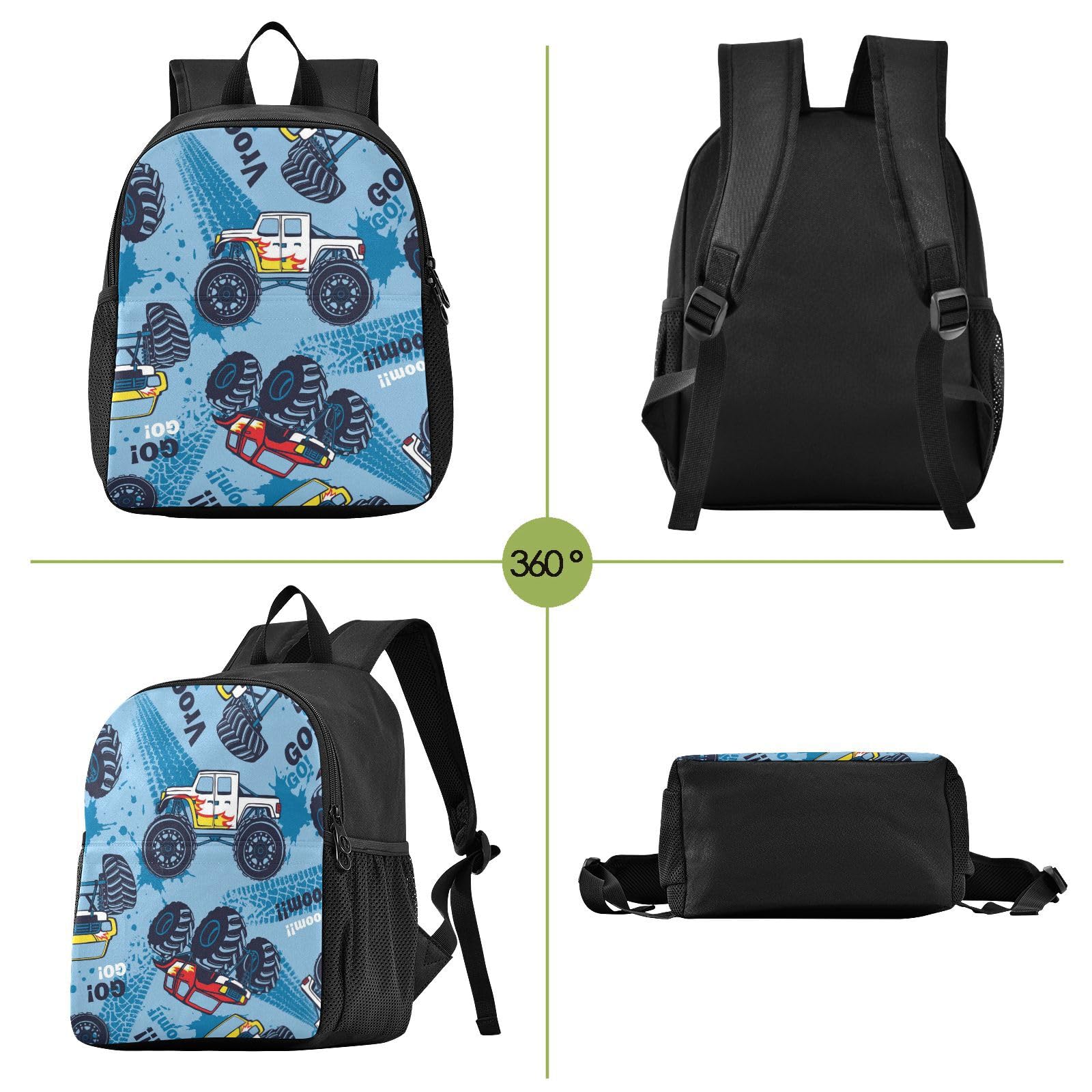 Naanle Kids Backpack for Girls Boys Monster Truck Cars Backpacks Bag Baby Rucksack for Kindergarten Elementary School