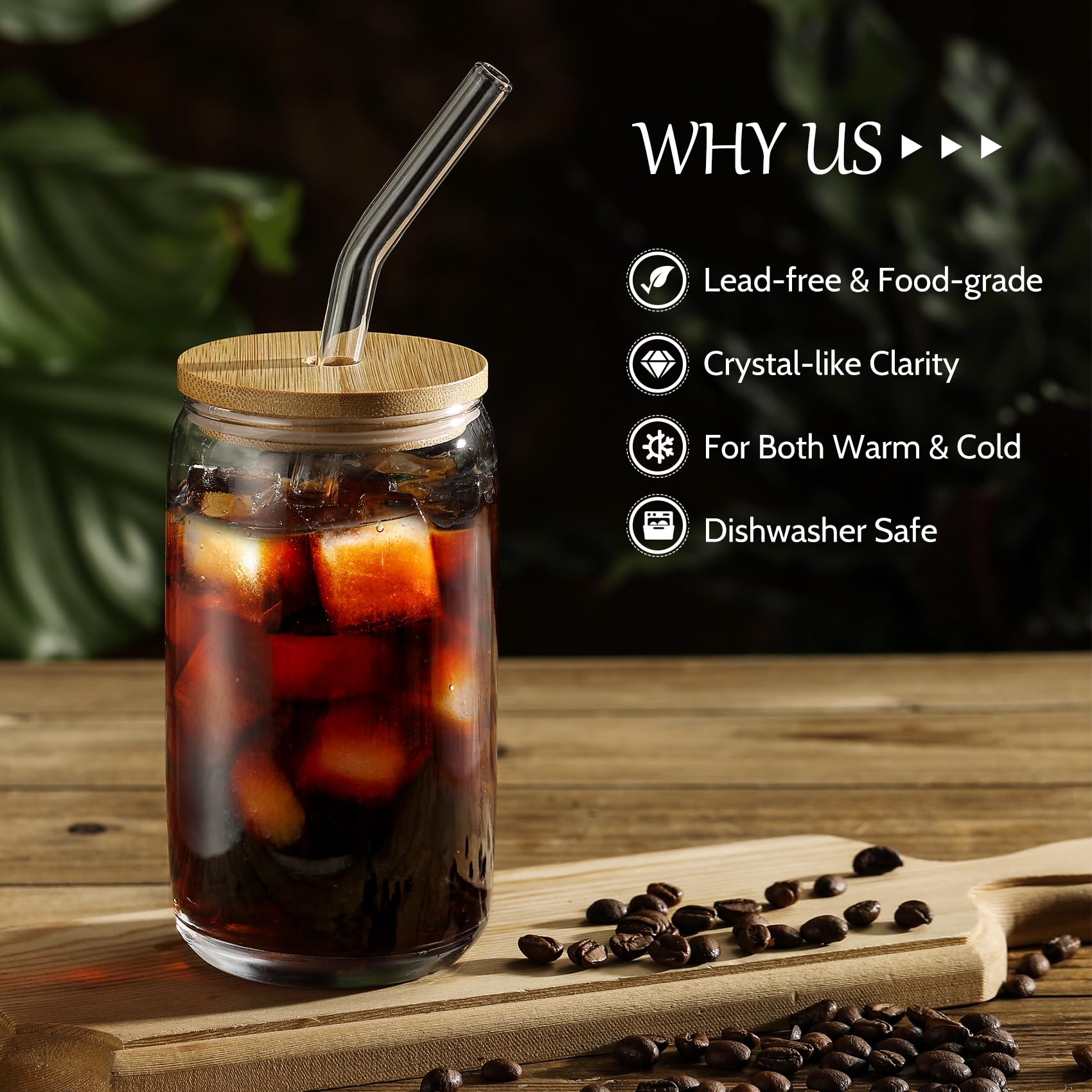 [ 6pcs Set ] Glass Cups with Bamboo Lids and Glass Straw - Beer Can Shaped Drinking Glasses, 16 oz Iced Coffee Glasses, Cute Tumbler Cup for Smoothie, Boba Tea, Whiskey, Water - 2 Cleaning Brushes