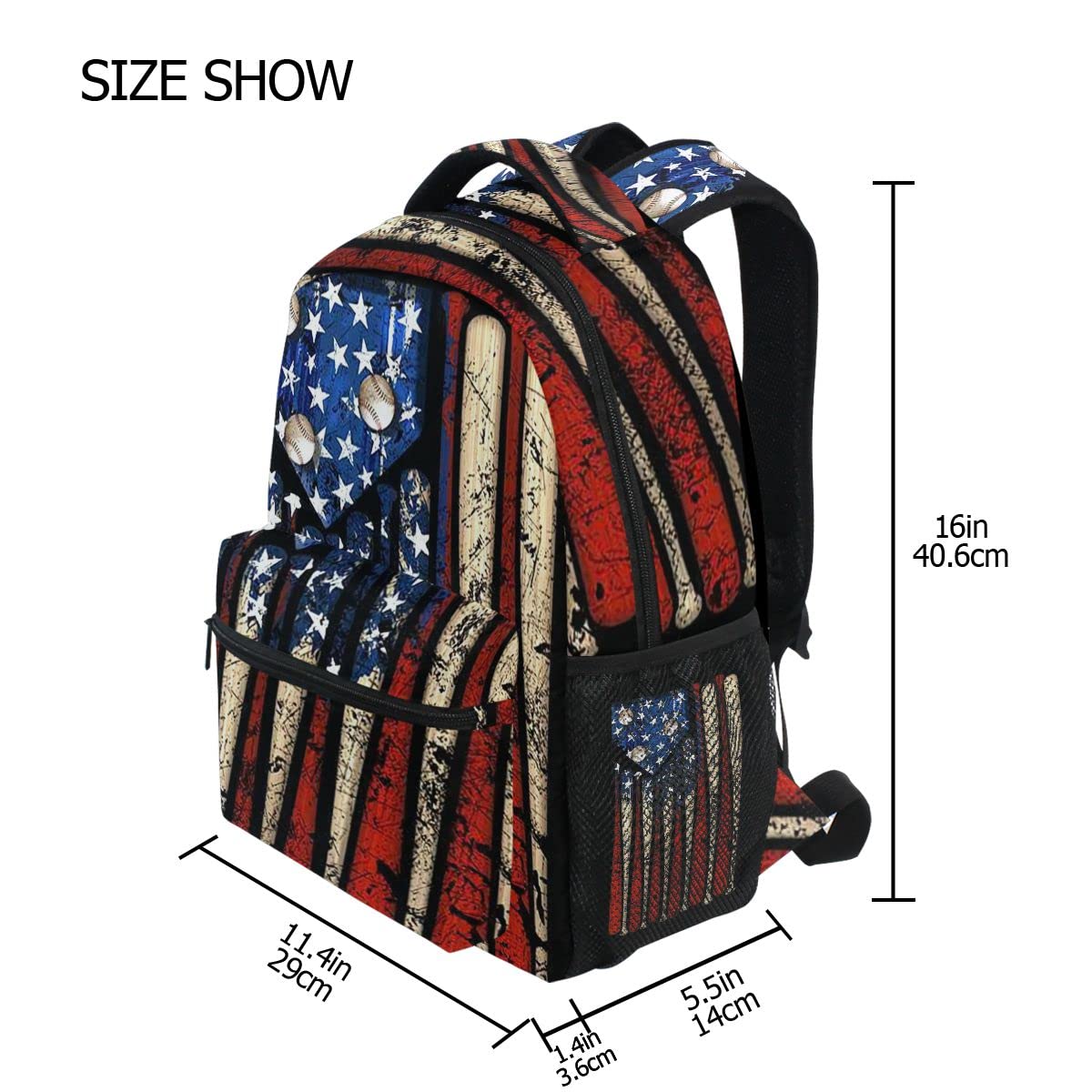 American Flag Baseball Print Backpack Patriotic USA School Bookbag for Boys Girls Computer Backpacks Book Bag Travel Hiking Camping Gym Daypack